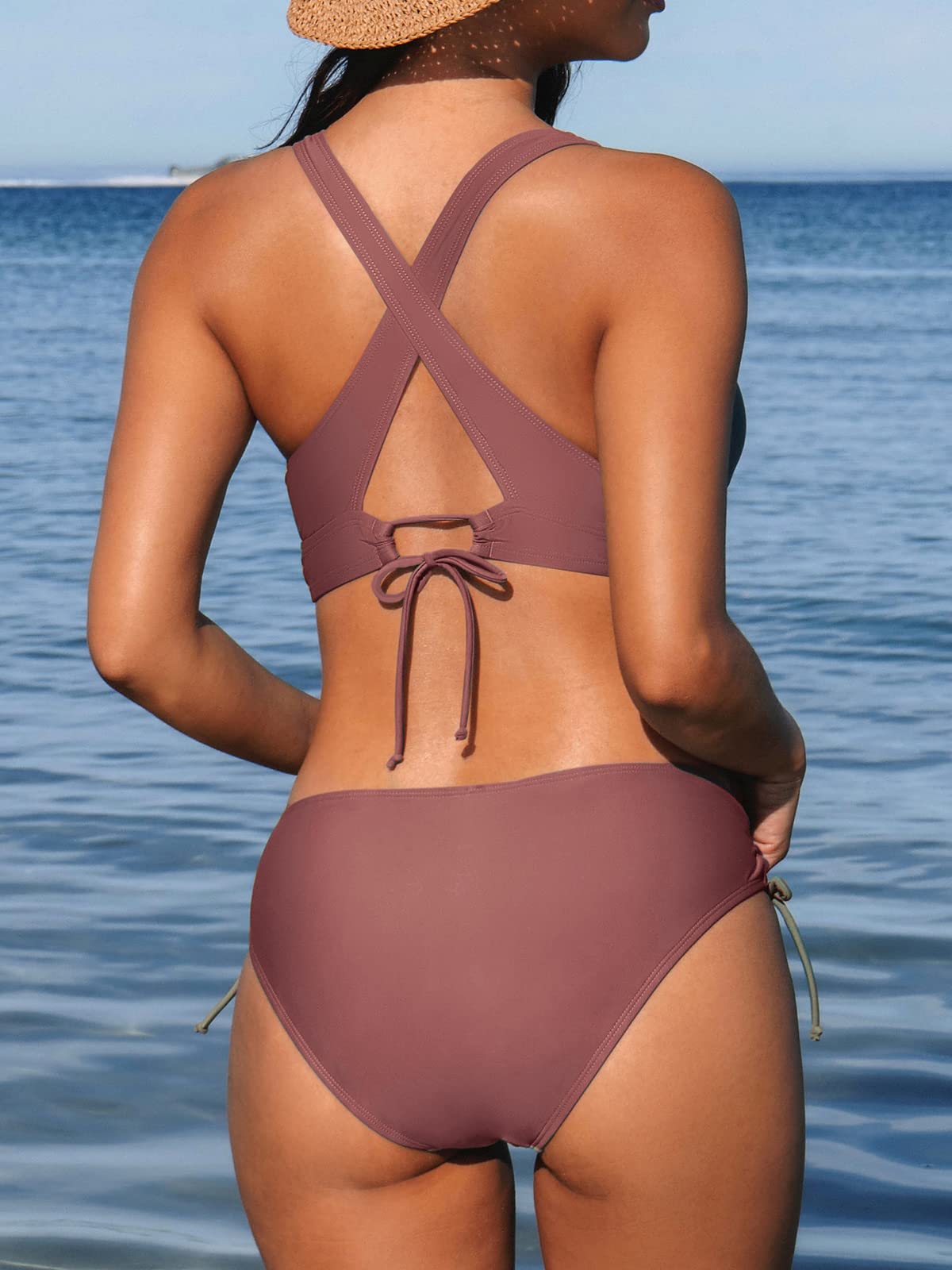 CUPSHE Bikini Set for Women Two Piece Swimsuit V Neck Triangle Top Wide Straps Cross Back Lace up Mid Rise S, Pale Mauve