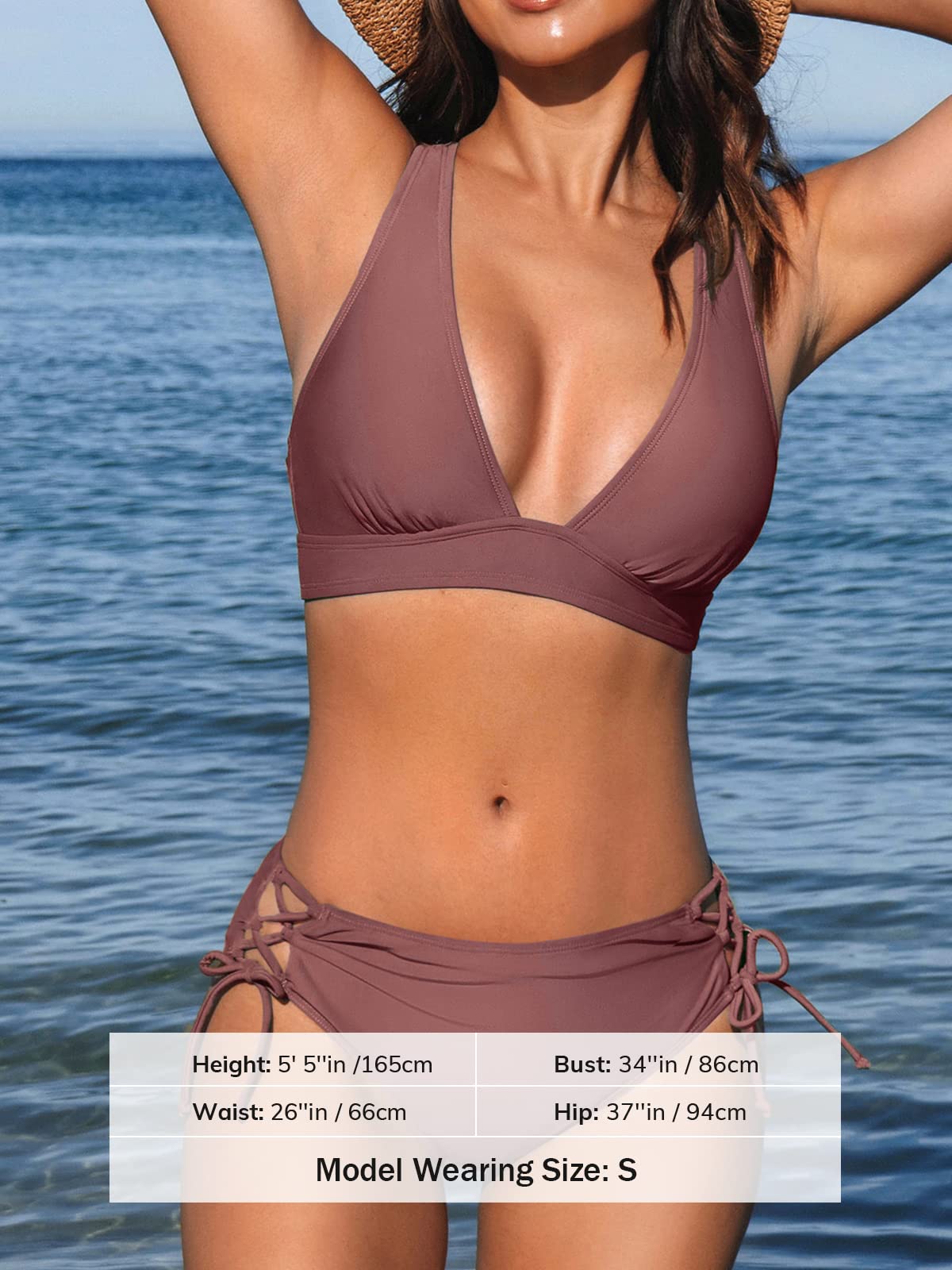 CUPSHE Bikini Set for Women Two Piece Swimsuit V Neck Triangle Top Wide Straps Cross Back Lace up Mid Rise S, Pale Mauve