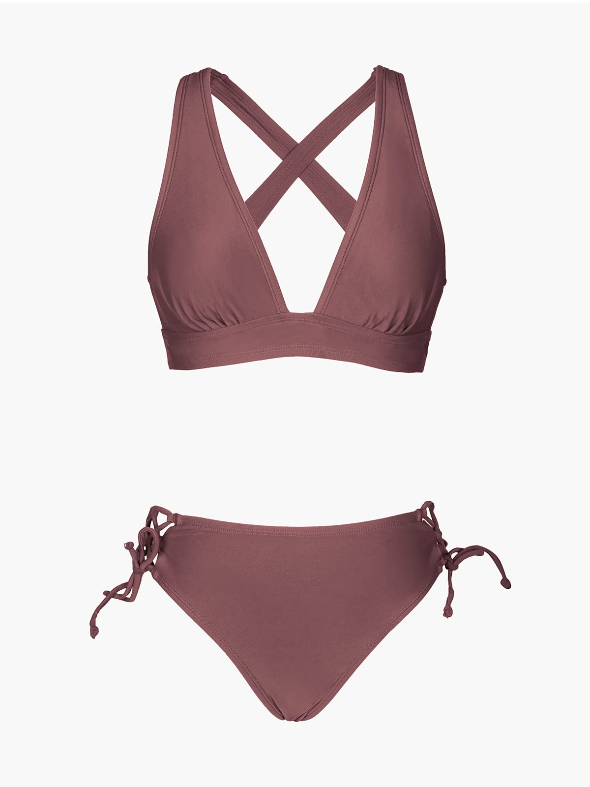 CUPSHE Bikini Set for Women Two Piece Swimsuit V Neck Triangle Top Wide Straps Cross Back Lace up Mid Rise S, Pale Mauve