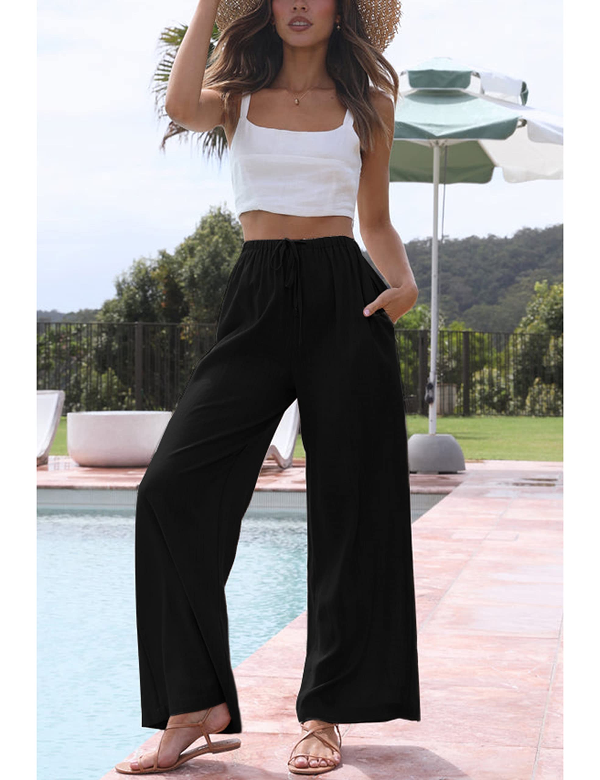 Himosyber Women Cotton Linen Pants Wide Leg High Waist Flowy Summer Beach Drawstring Pant Trouser (Black-XL)