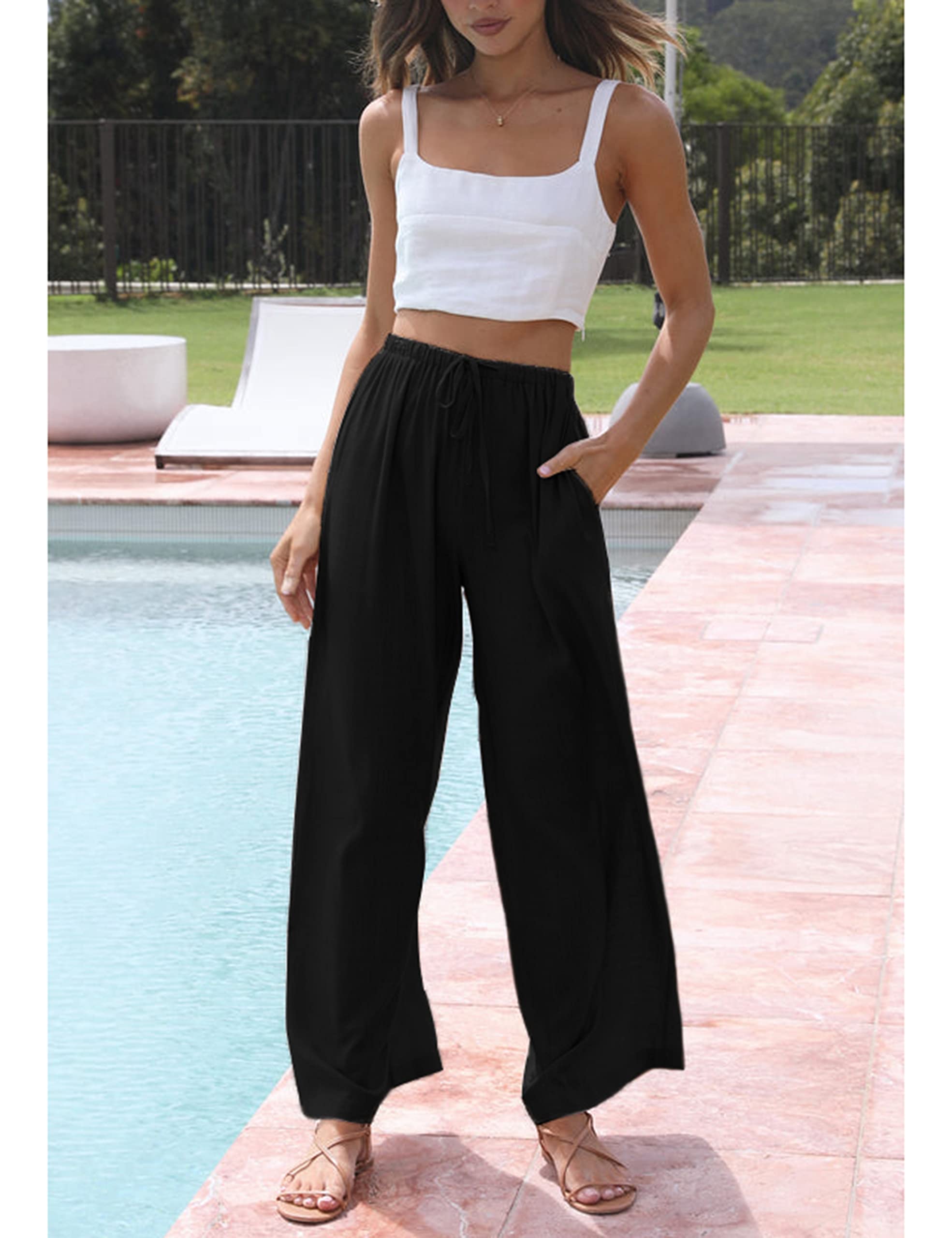 Himosyber Women Cotton Linen Pants Wide Leg High Waist Flowy Summer Beach Drawstring Pant Trouser (Black-XL)