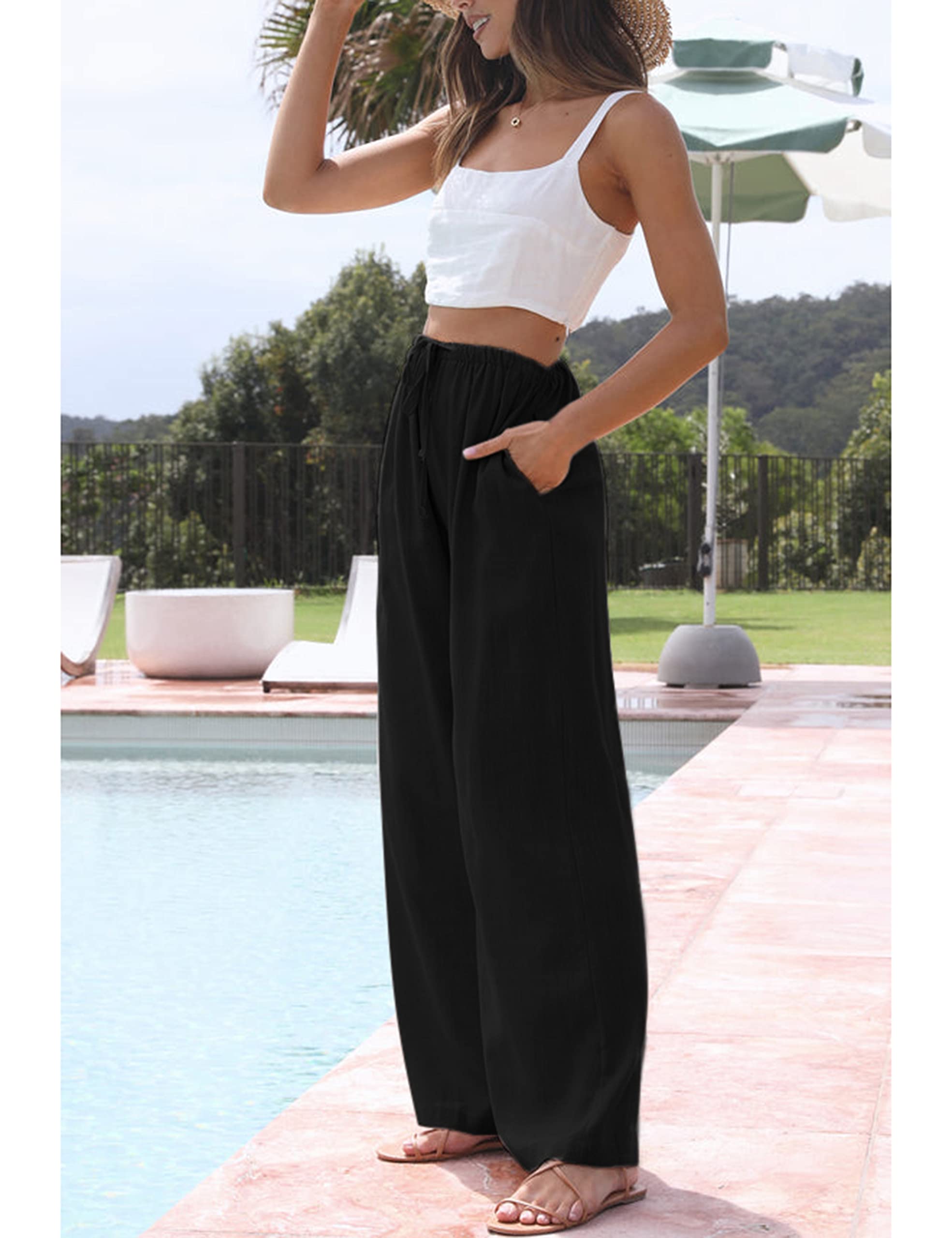 Himosyber Women Cotton Linen Pants Wide Leg High Waist Flowy Summer Beach Drawstring Pant Trouser (Black-XL)