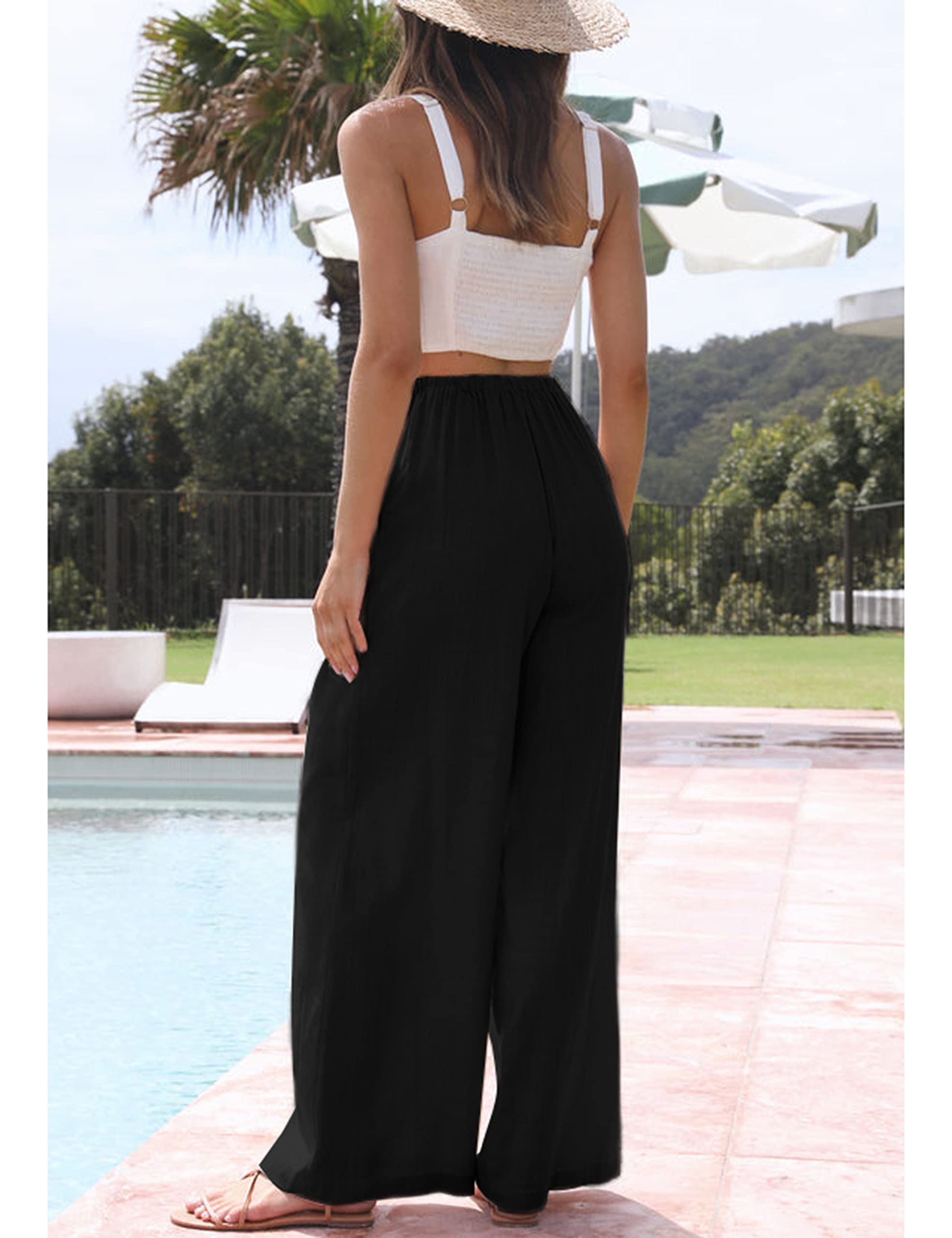 Himosyber Women Cotton Linen Pants Wide Leg High Waist Flowy Summer Beach Drawstring Pant Trouser (Black-XL)