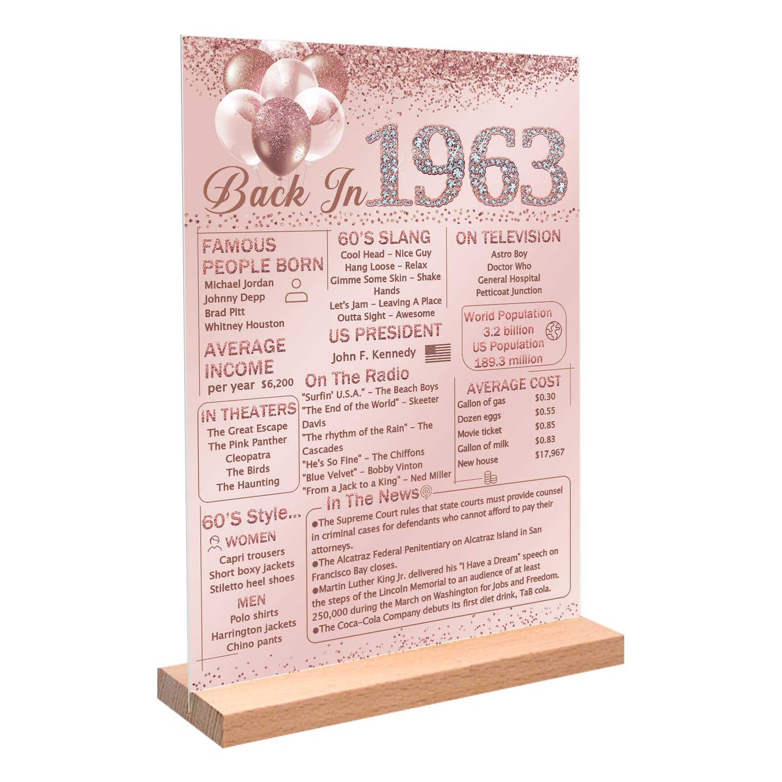Vlipoeasn Pink 61st Birthday Anniversary Table Decoration 1963 Poster for Women, Rose Gold Back in 1963 Acrylic Table Sign with Wooden Stand, 61 Year Old Birthday Party Centerpieces Gift Supplies