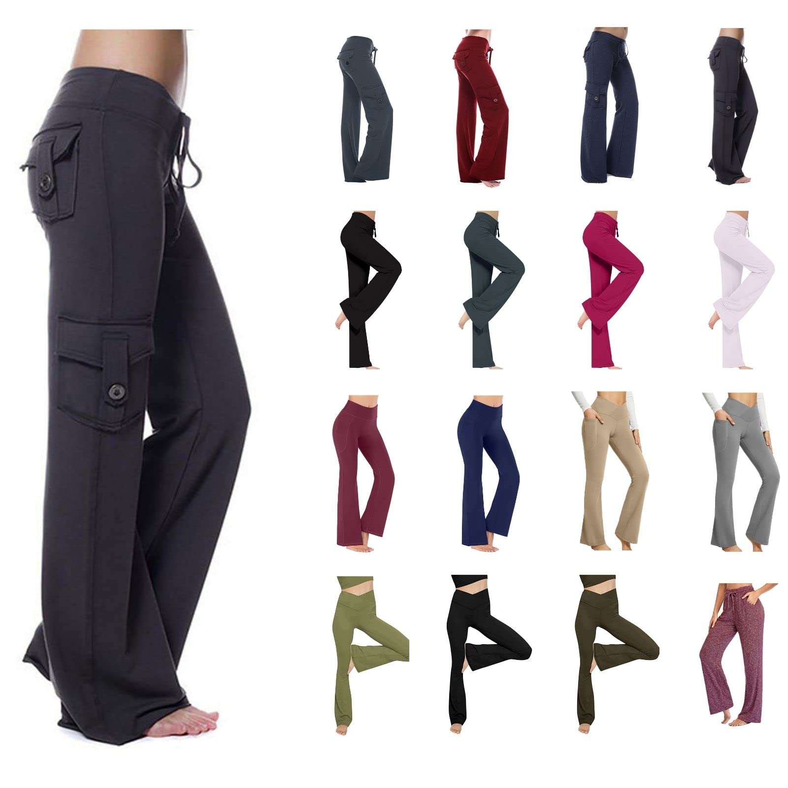 IEPOFG Womens Yoga Pants Workout Stretchy Bootcut Flare Cargo Pants with Pockets High-Waisted Wide Leg Pants Tummy Control Black