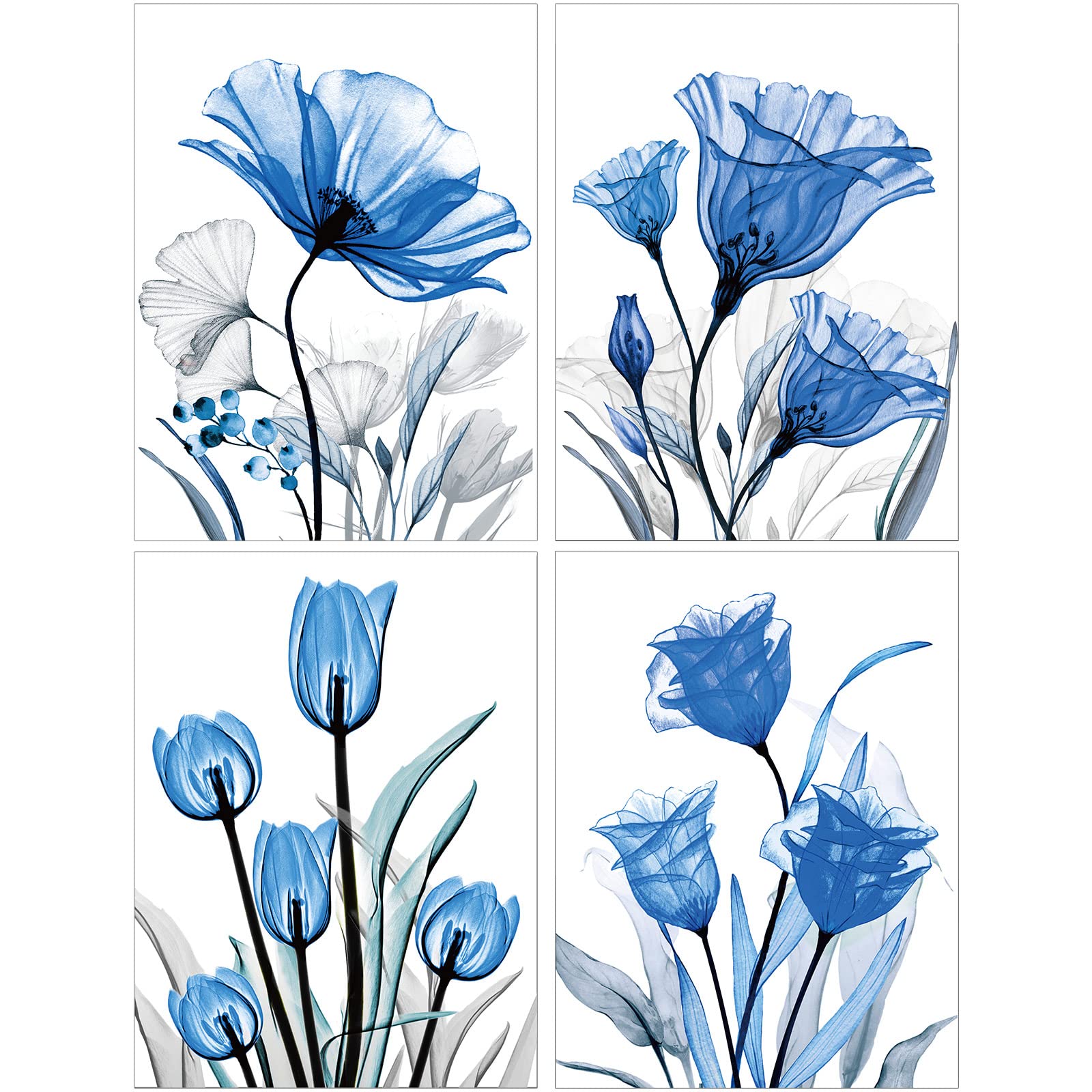 Sinmoe 4 Sheets Blue Rub on Transfers for Furniture Flower Decals for Furniture Vintage Watercolor Flower Transfers Decals Tulip Craft Home Decoration, 4 Designs, 12 x 16 Inch