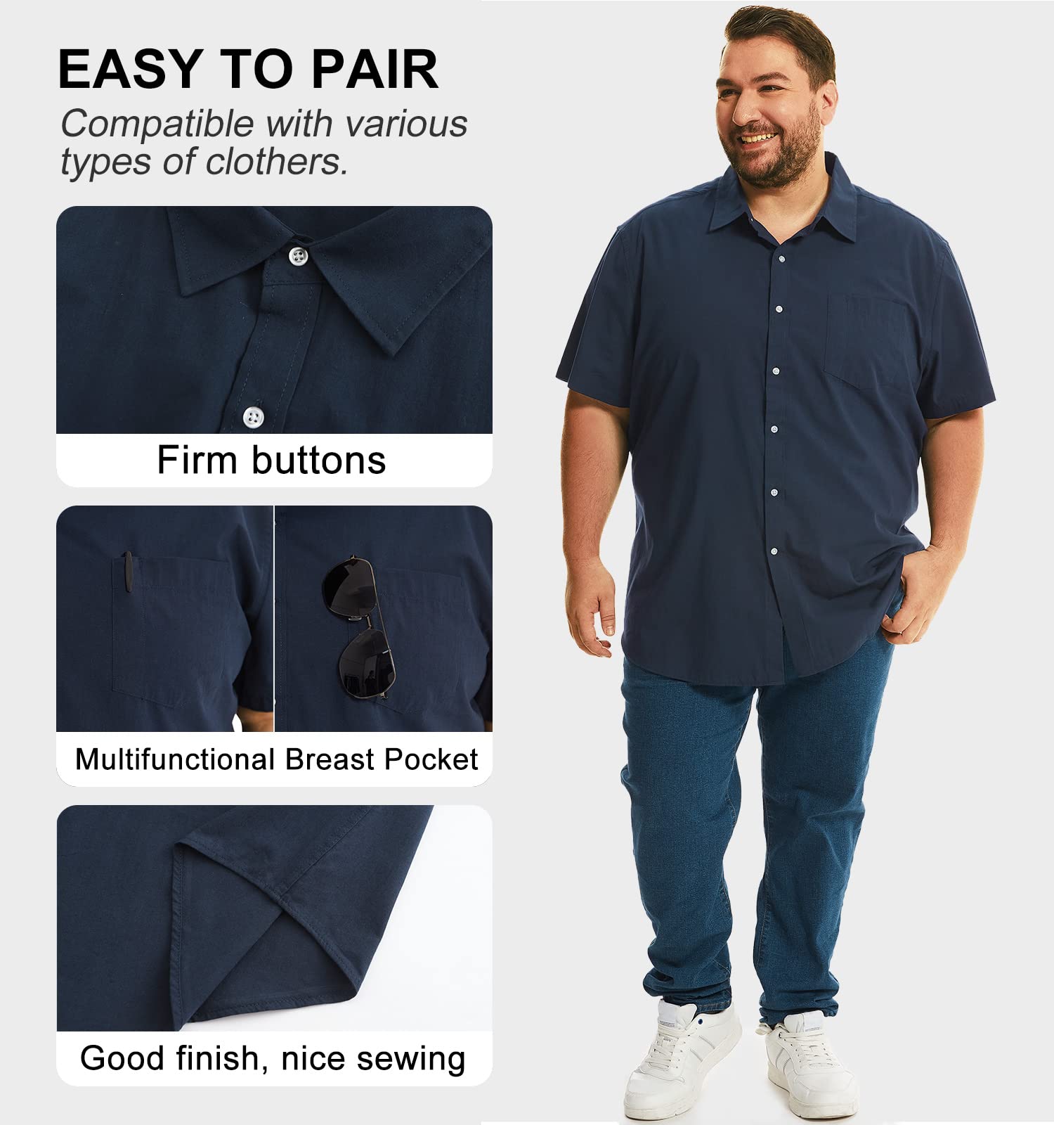 HOdo Big and Tall Mens Cotton Button Down Shirt Navy 4XL