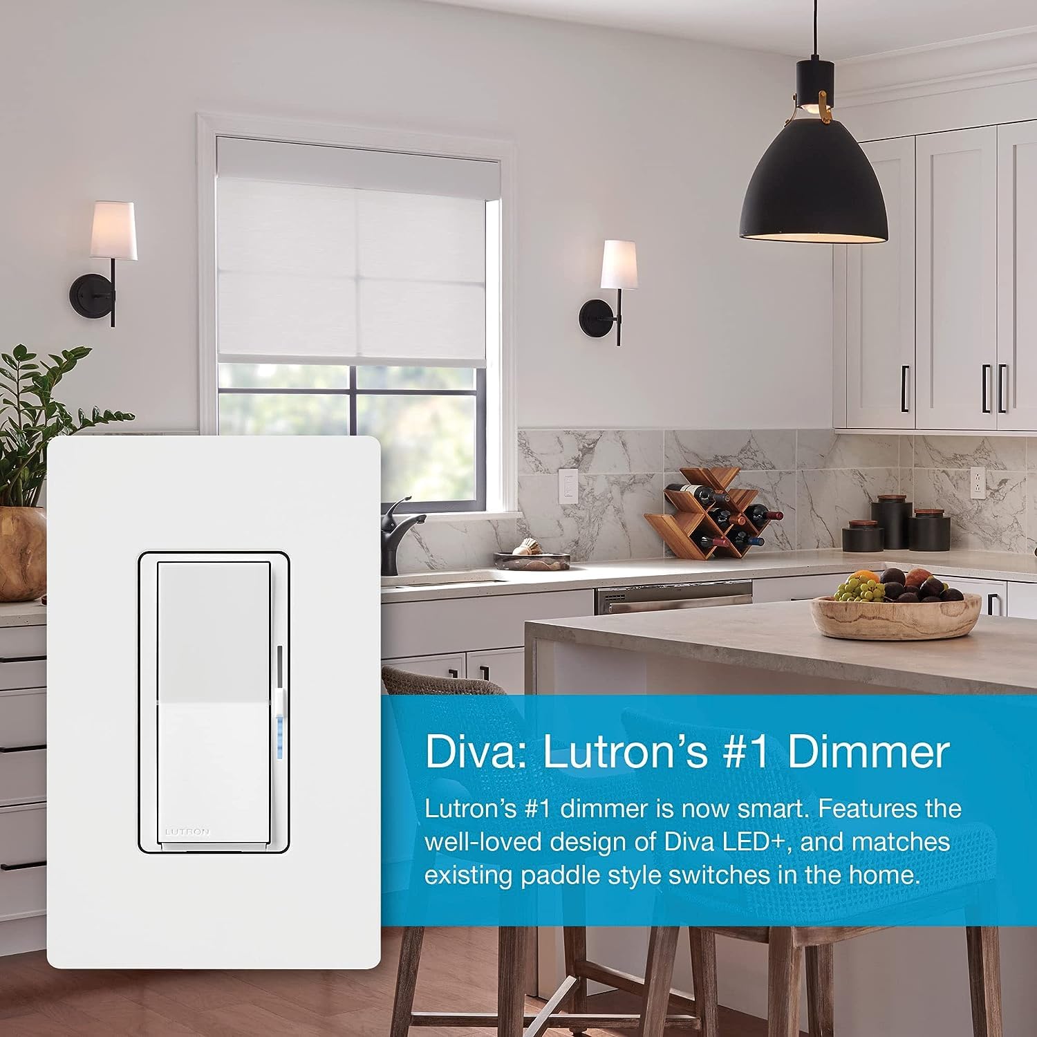 Lutron Diva Smart Dimmer Switch Starter Kit for Caséta Smart Lighting, with Smart Hub, Pico Remote, No Neutral Wire Required, DVRF-BDG-1D, White