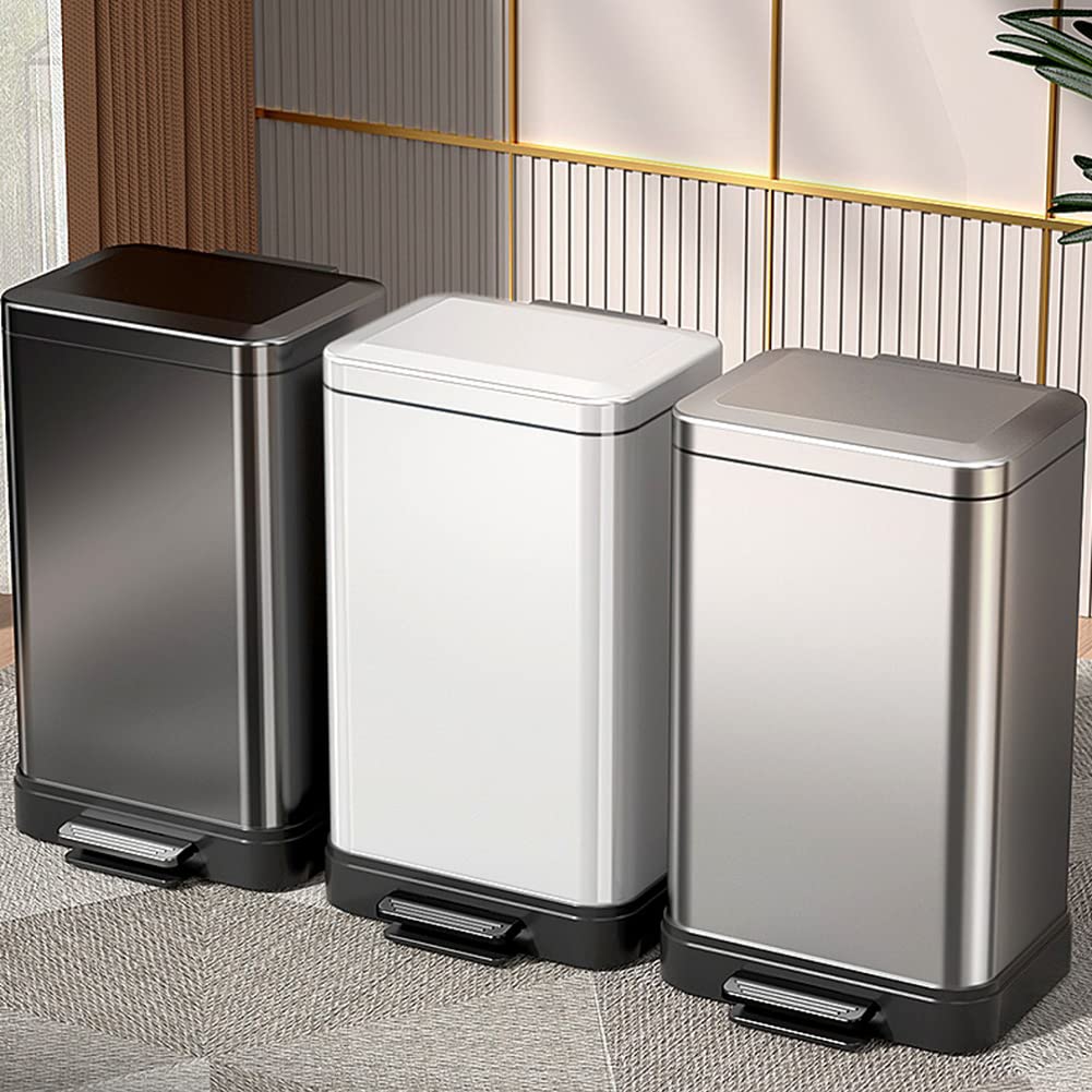 Aupekro Trash Can with Lid Soft Close, 18 Liter/4.7 Gallon Stainless Steel Garbage Can with Removable Wastebasket, Rectangletep Pedal Step Trash Can for Bedroom, Kitchen, Bathroom, Office (White)