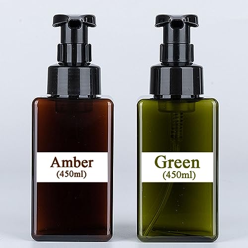 Foaming Soap Dispenser, Refillable Hand Soap Dispenser, Pump Bottle 450ml(16oz), Plastic for Liquid Soap, Shampoo, Body Wash, 2 Pcs (Green+Brown)