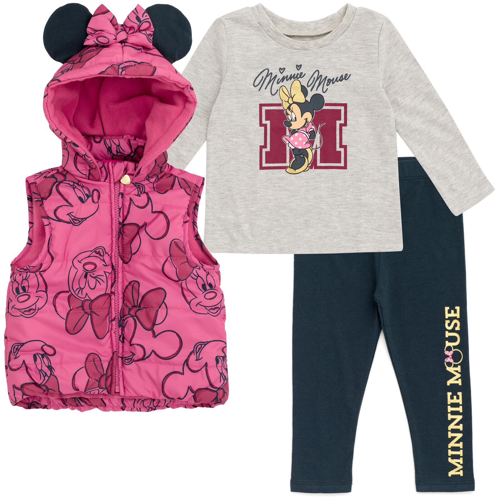 Disney Minnie Mouse Toddler Girls Zip Up Vest Puffer T-Shirt and Leggings 3 Piece Outfit Set Pink/Gray 2T