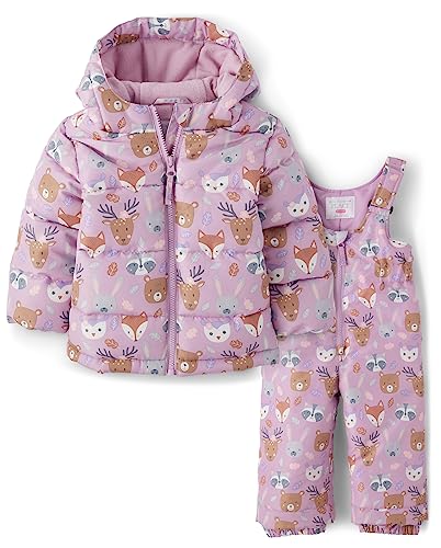 The Children's Place,and Toddler Girl 2 Piece Set Snowsuit, Jacket and Bib Overall Pant,LILAC DUST | Woodland Critters_Lilac Dust,18-24 Monts