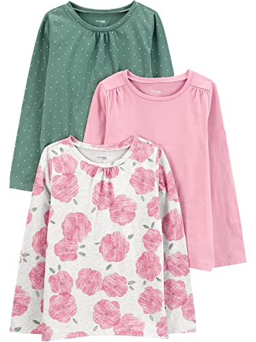 Simple Joys by Carter's Girls' Long-Sleeve Shirts, Pack of 3, Green Dots/Grey Floral/Pink, 8