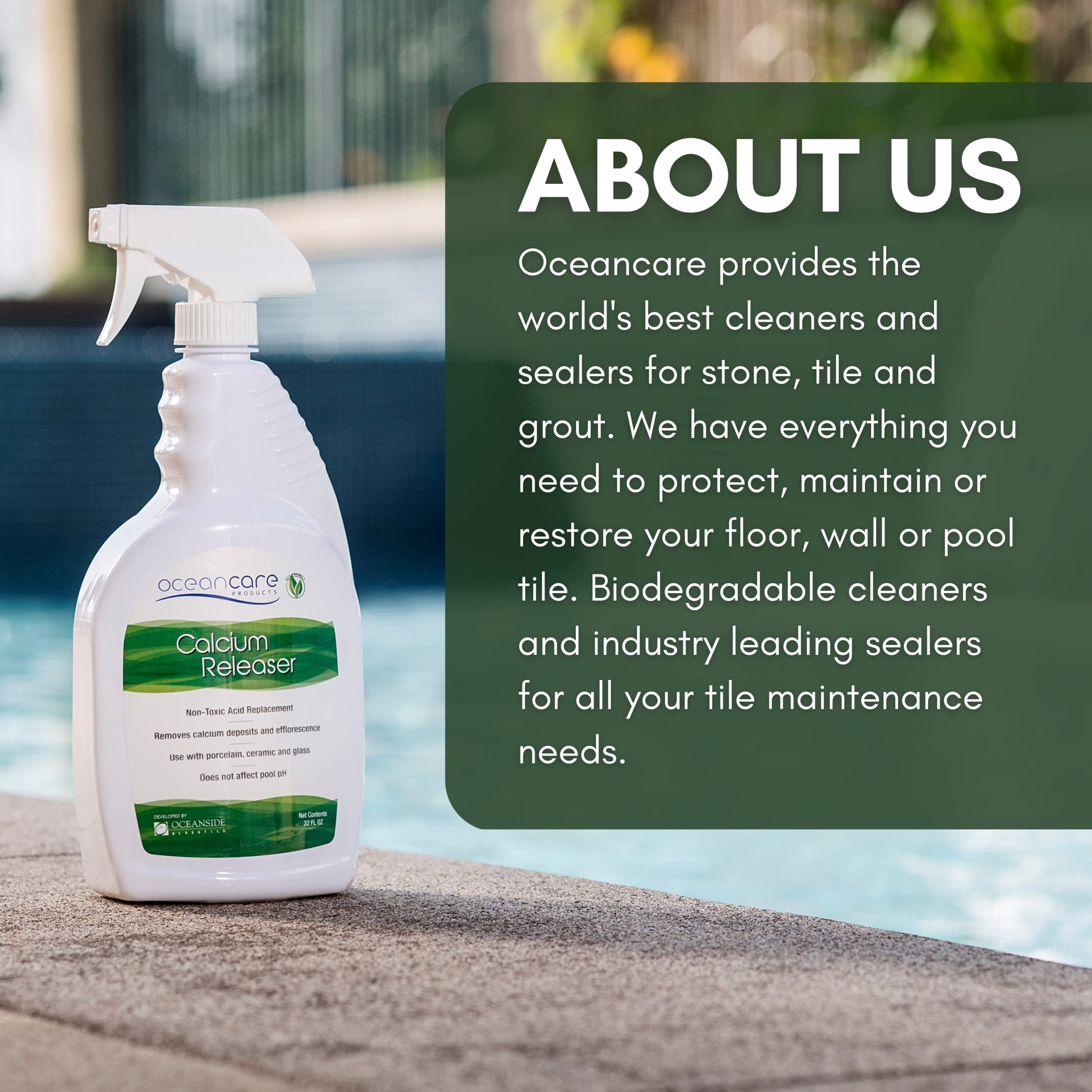 OCEANCARE Products - Calcium Releaser - Quart Trigger Spray, 32 FL OZ - Pool Tile Cleaner Calcium Remover, Safe on Glass, Porcelain, and Ceramic Surfaces - Calcium Cleaner - Tile and Grout Cleaner