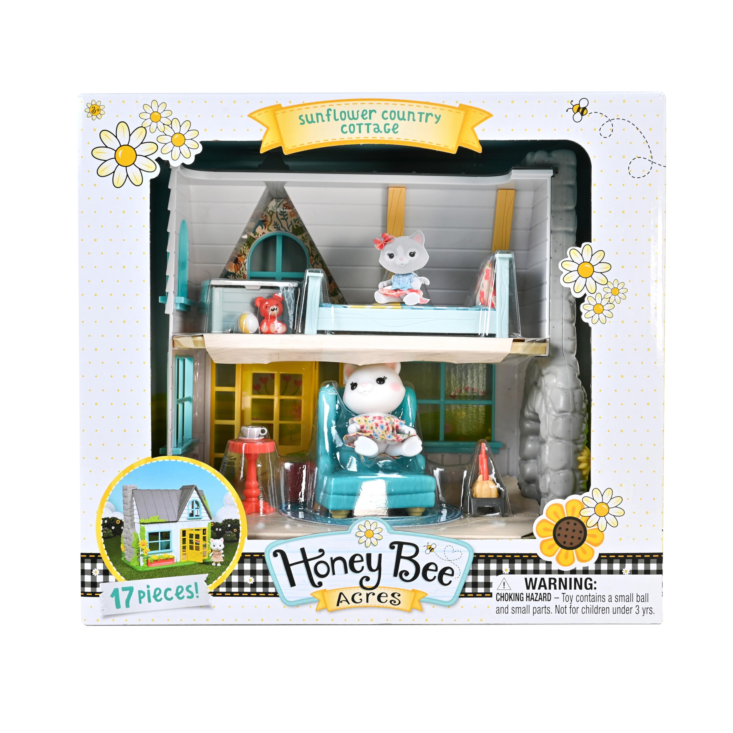 Honey Bee Acres 11" Tall Sunflower Cottage Doll Playset, 17 Pieces,White