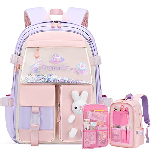 JEKAVA Kawaii Kids Backpack Cute School Bookbag for Girls Quicksand Middle School Students Rucksack Waterproof Large Capacity (Purple, Big)
