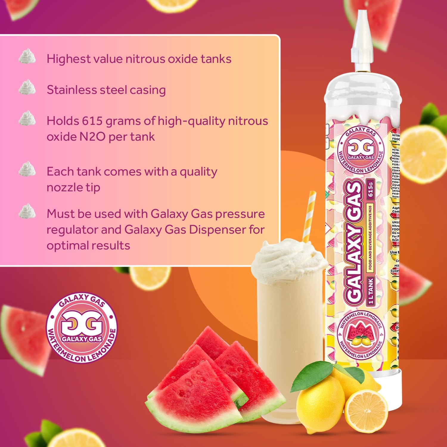 Galaxy Gas Watermelon Lemonade Whipped Cream Dispenser Tank, Nitrous Oxide, 1L, 615 Gram, 1 Cylinder