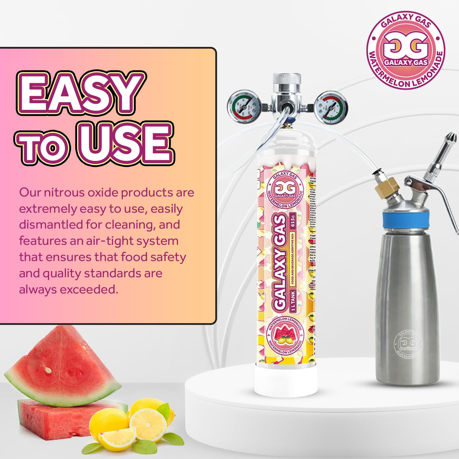 Galaxy Gas Watermelon Lemonade Whipped Cream Dispenser Tank, Nitrous Oxide, 1L, 615 Gram, 1 Cylinder