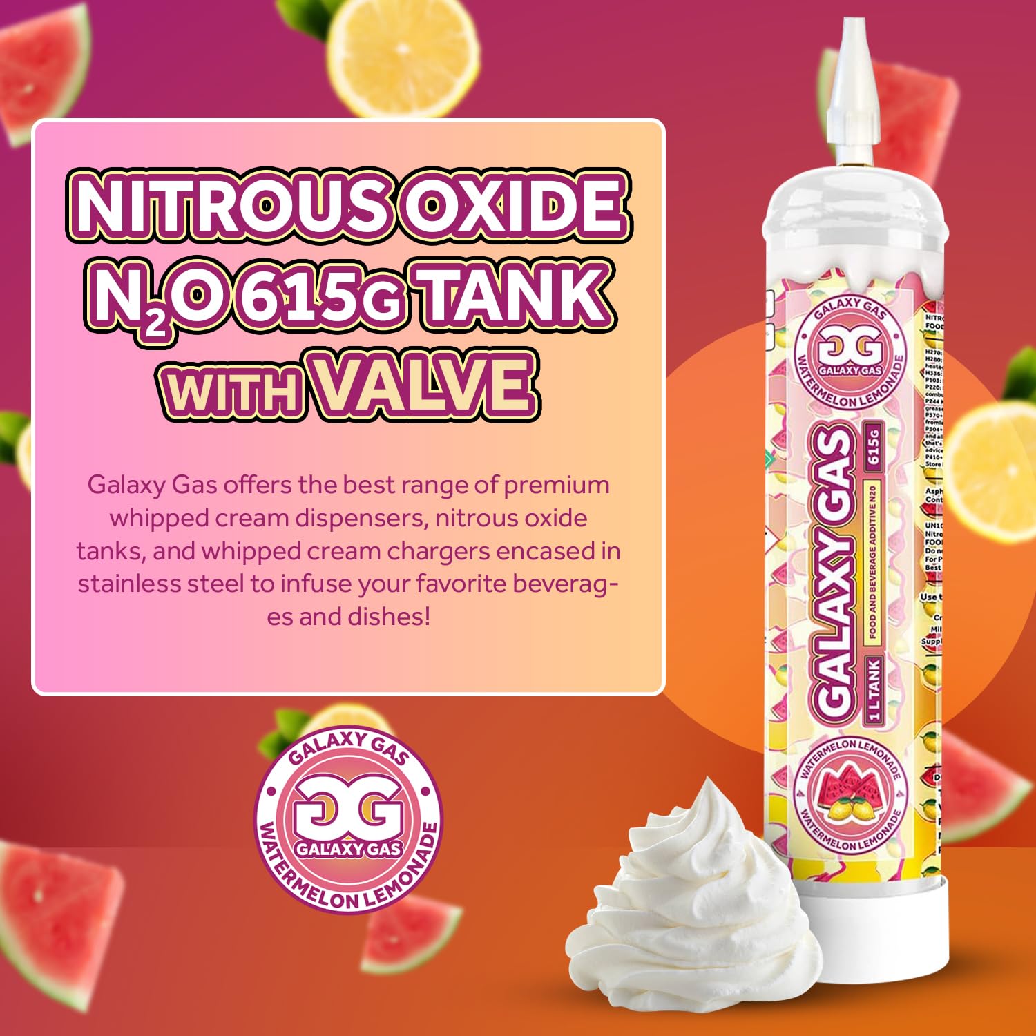 Galaxy Gas Watermelon Lemonade Whipped Cream Dispenser Tank, Nitrous Oxide, 1L, 615 Gram, 1 Cylinder