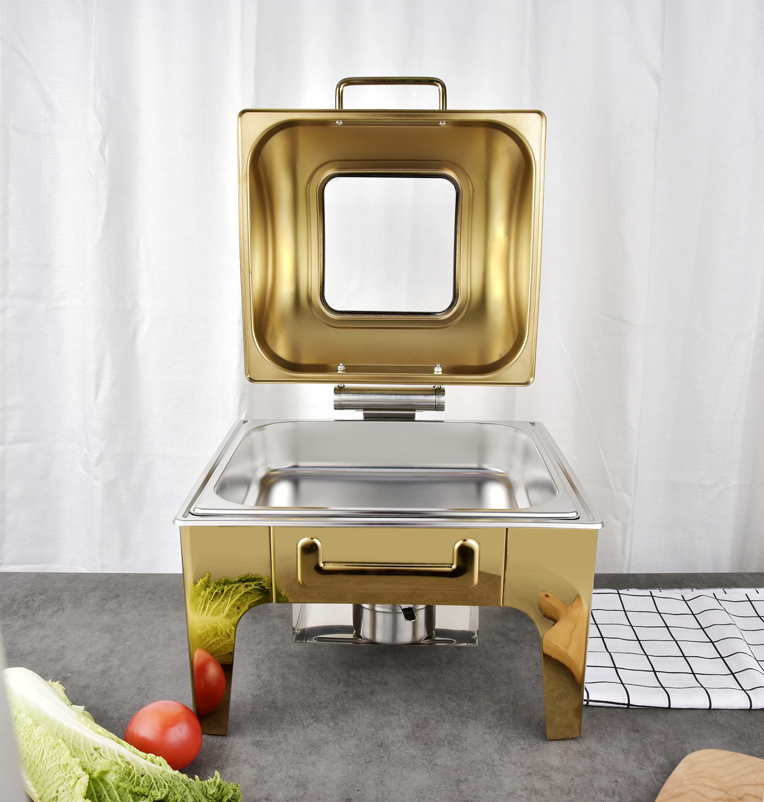 HONHPD Golden Chafing Dish Buffet Set 6.8 Qt Stainless Steel Complete Chafer Set Catering Warmer Set with Water Pan, Fuel Holder for Parties, Dinners, Catering, Buffet and Weddings
