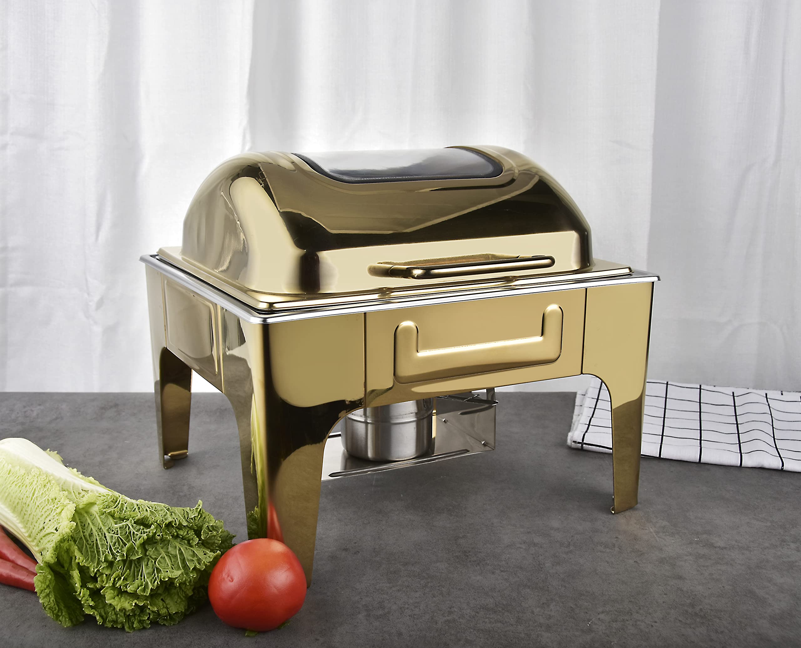 HONHPD Golden Chafing Dish Buffet Set 6.8 Qt Stainless Steel Complete Chafer Set Catering Warmer Set with Water Pan, Fuel Holder for Parties, Dinners, Catering, Buffet and Weddings