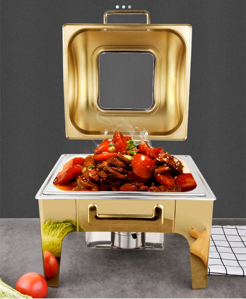 HONHPD Golden Chafing Dish Buffet Set 6.8 Qt Stainless Steel Complete Chafer Set Catering Warmer Set with Water Pan, Fuel Holder for Parties, Dinners, Catering, Buffet and Weddings