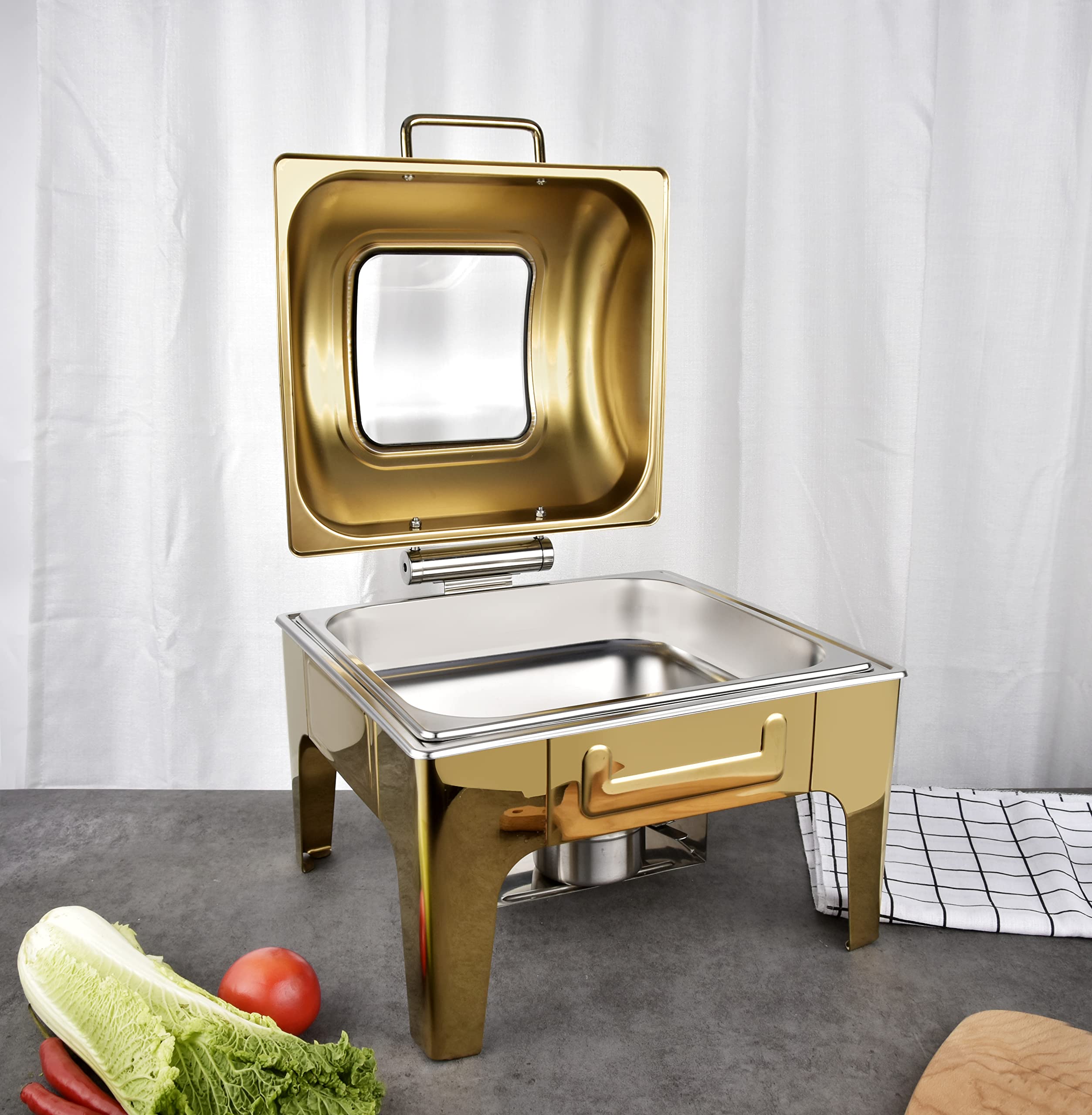 HONHPD Golden Chafing Dish Buffet Set 6.8 Qt Stainless Steel Complete Chafer Set Catering Warmer Set with Water Pan, Fuel Holder for Parties, Dinners, Catering, Buffet and Weddings