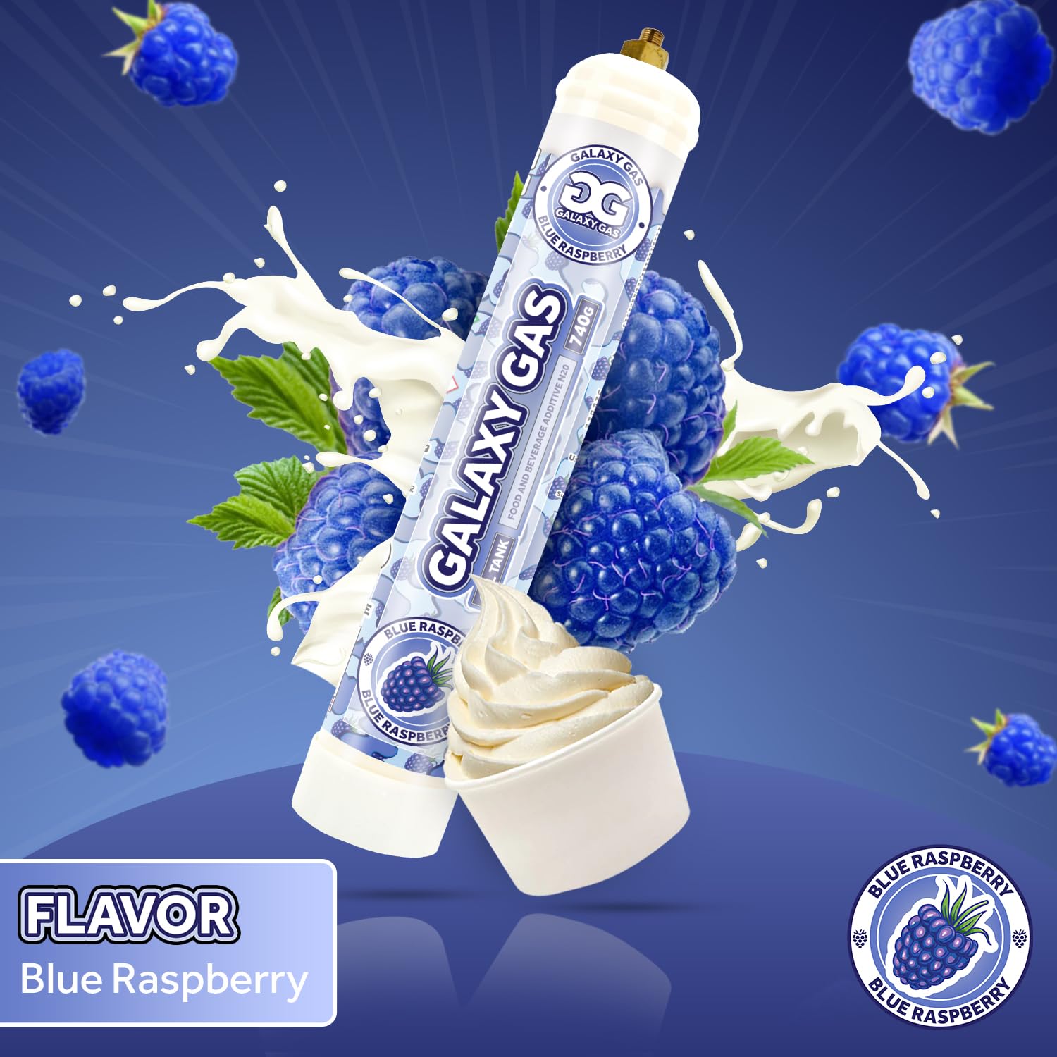 Galaxy Gas Blue Raspberry Flavor,Whipped Cream Dispenser Cartridge Tank, Nitrous Oxide 1.2L 740 Gram, Whipped Cream Tank, N2O Tank, 1 Cylinder