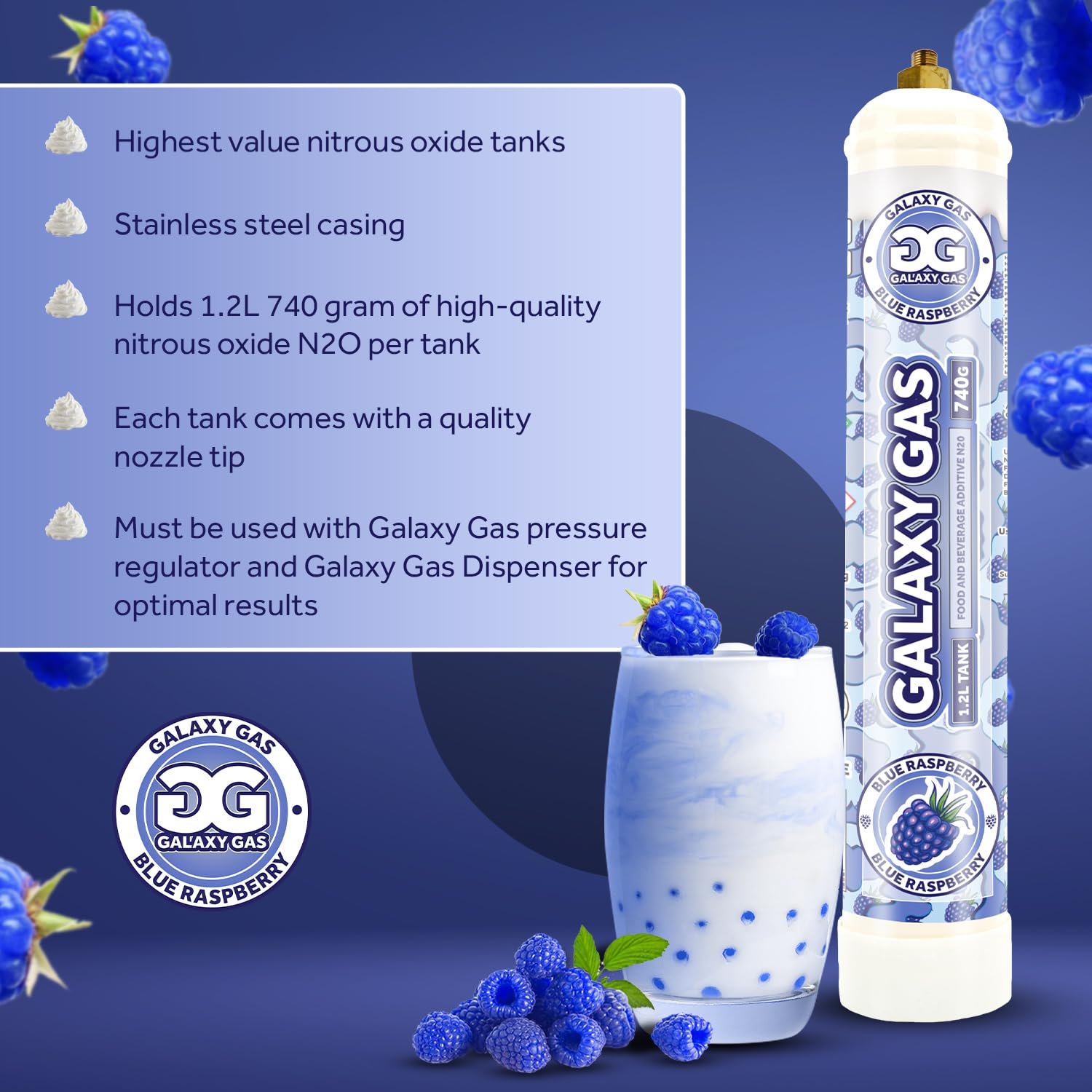 Galaxy Gas Blue Raspberry Flavor,Whipped Cream Dispenser Cartridge Tank, Nitrous Oxide 1.2L 740 Gram, Whipped Cream Tank, N2O Tank, 1 Cylinder