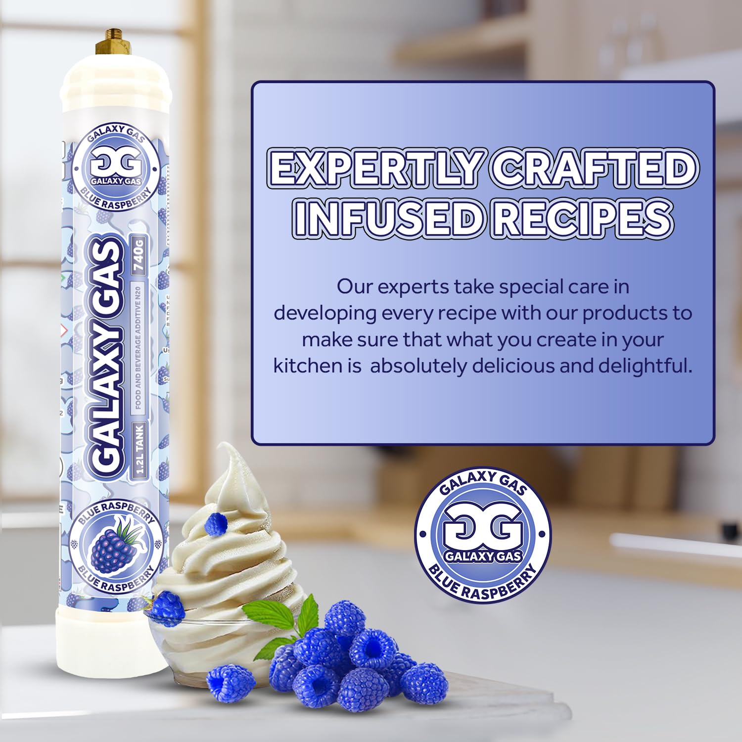 Galaxy Gas Blue Raspberry Flavor,Whipped Cream Dispenser Cartridge Tank, Nitrous Oxide 1.2L 740 Gram, Whipped Cream Tank, N2O Tank, 1 Cylinder