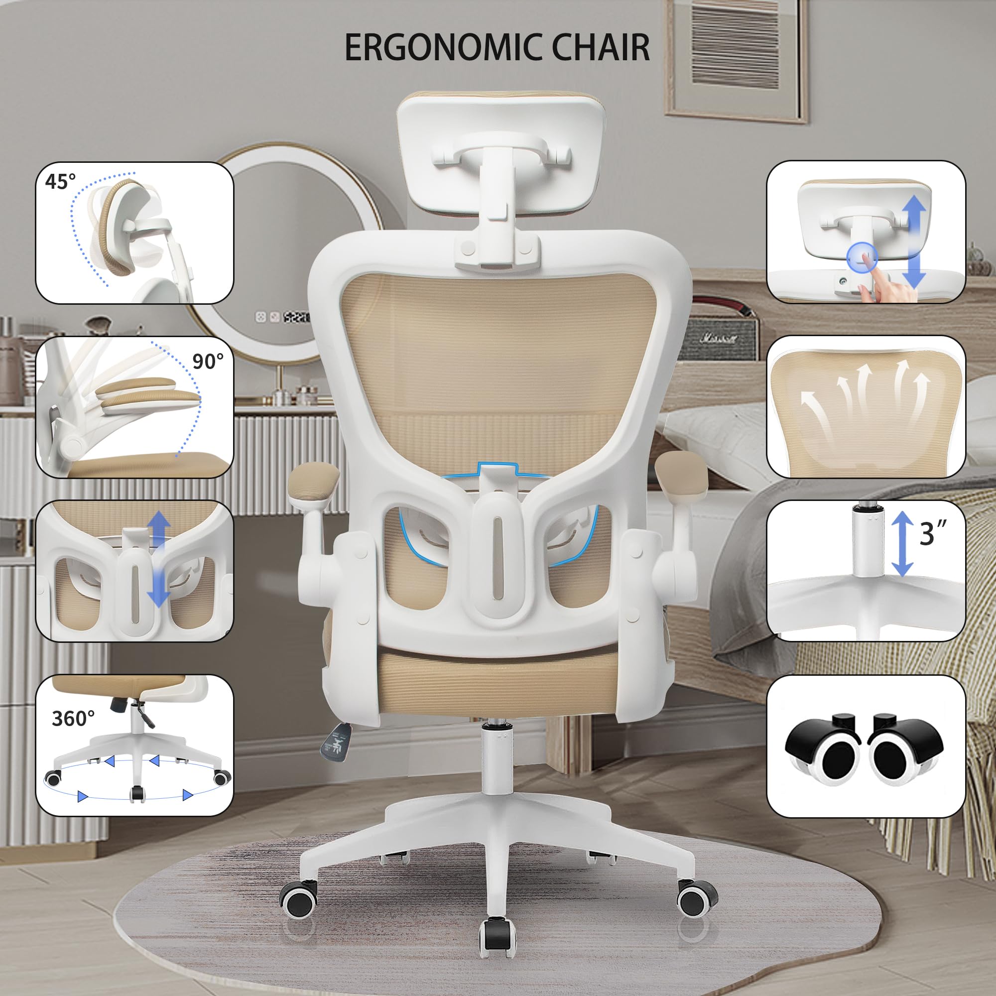 SenceHome Office Chairs, Ergonomic Office Chair, High Back Desk Chair with Adjustable Headrests, Lumbar Support and Flip-up Armrests, Breathable Mesh Computer Chair for Home Office (Khaki)