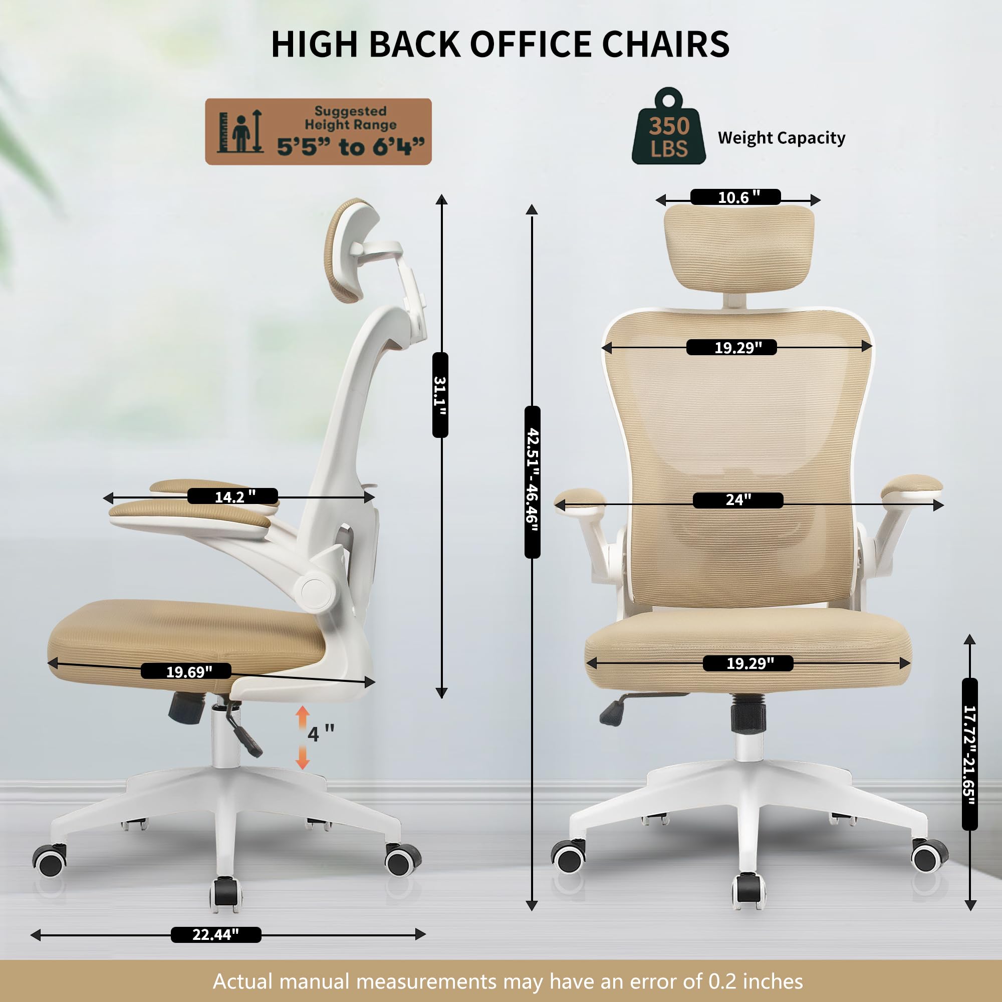 SenceHome Office Chairs, Ergonomic Office Chair, High Back Desk Chair with Adjustable Headrests, Lumbar Support and Flip-up Armrests, Breathable Mesh Computer Chair for Home Office (Khaki)