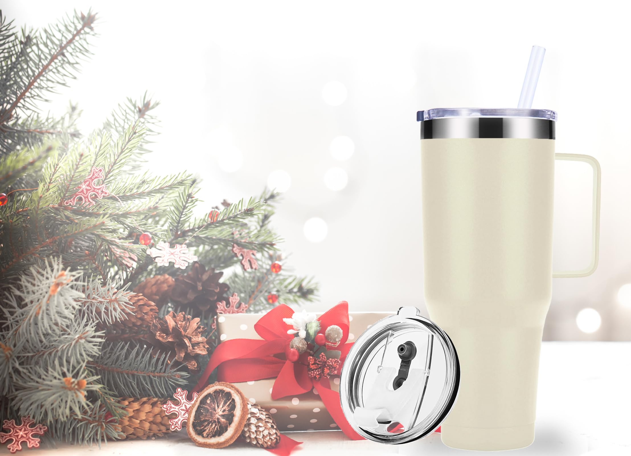 momocici 40 oz Tumbler with Handle and Straw Lid.40oz Insulated Travel Mug Handle.40oz Coffee Cup Handle.Keep Drinks Cold & Hot,Leak Proof Lid,Dishwasher Safe., Cream, (DrinkTUM-Hx2)