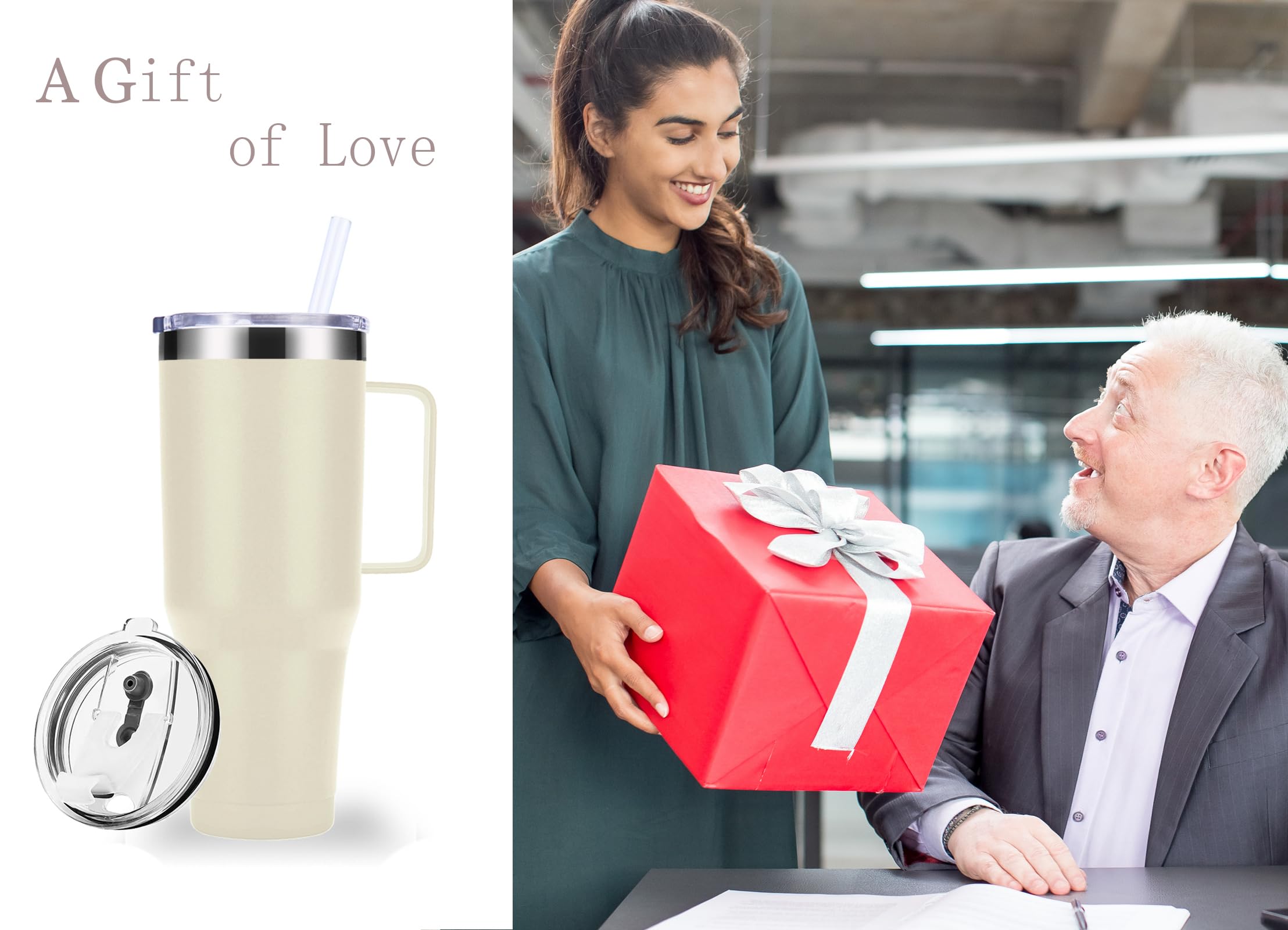 momocici 40 oz Tumbler with Handle and Straw Lid.40oz Insulated Travel Mug Handle.40oz Coffee Cup Handle.Keep Drinks Cold & Hot,Leak Proof Lid,Dishwasher Safe., Cream, (DrinkTUM-Hx2)