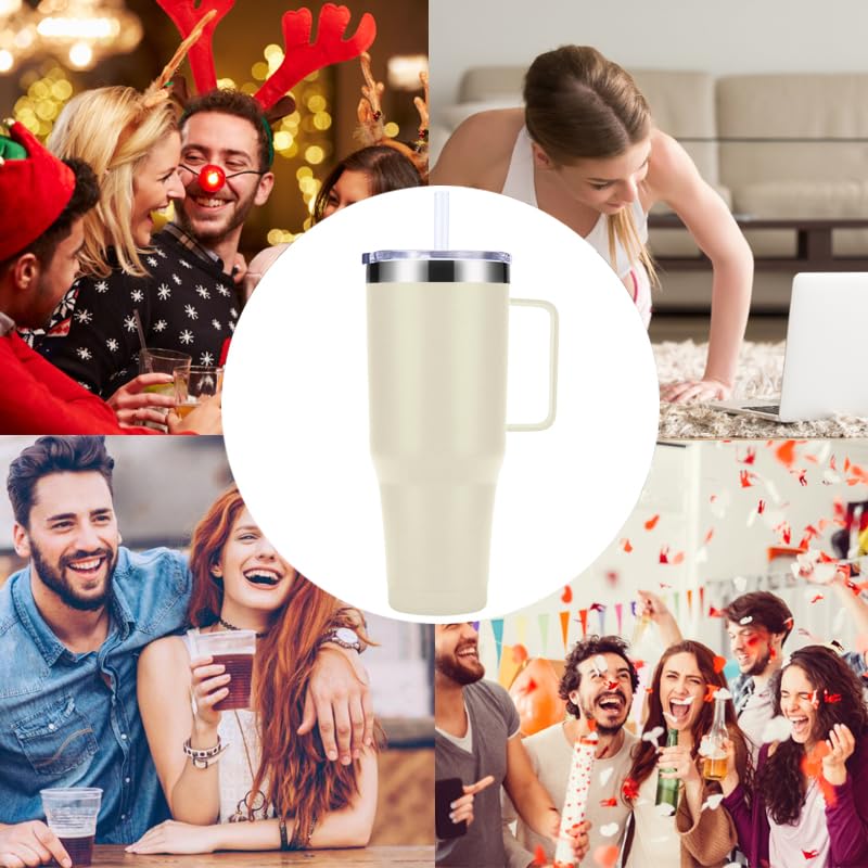 momocici 40 oz Tumbler with Handle and Straw Lid.40oz Insulated Travel Mug Handle.40oz Coffee Cup Handle.Keep Drinks Cold & Hot,Leak Proof Lid,Dishwasher Safe., Cream, (DrinkTUM-Hx2)