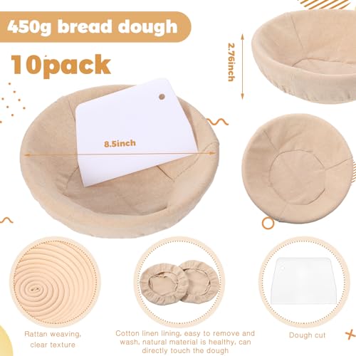 Patelai 10 Pieces Banneton Bread Proofing Basket Round Sourdough Proofing Basket Banneton Basket Dough Bowl with Liners and Scrapers for Home Making Bread Bakers Baking(8.5 Inch)
