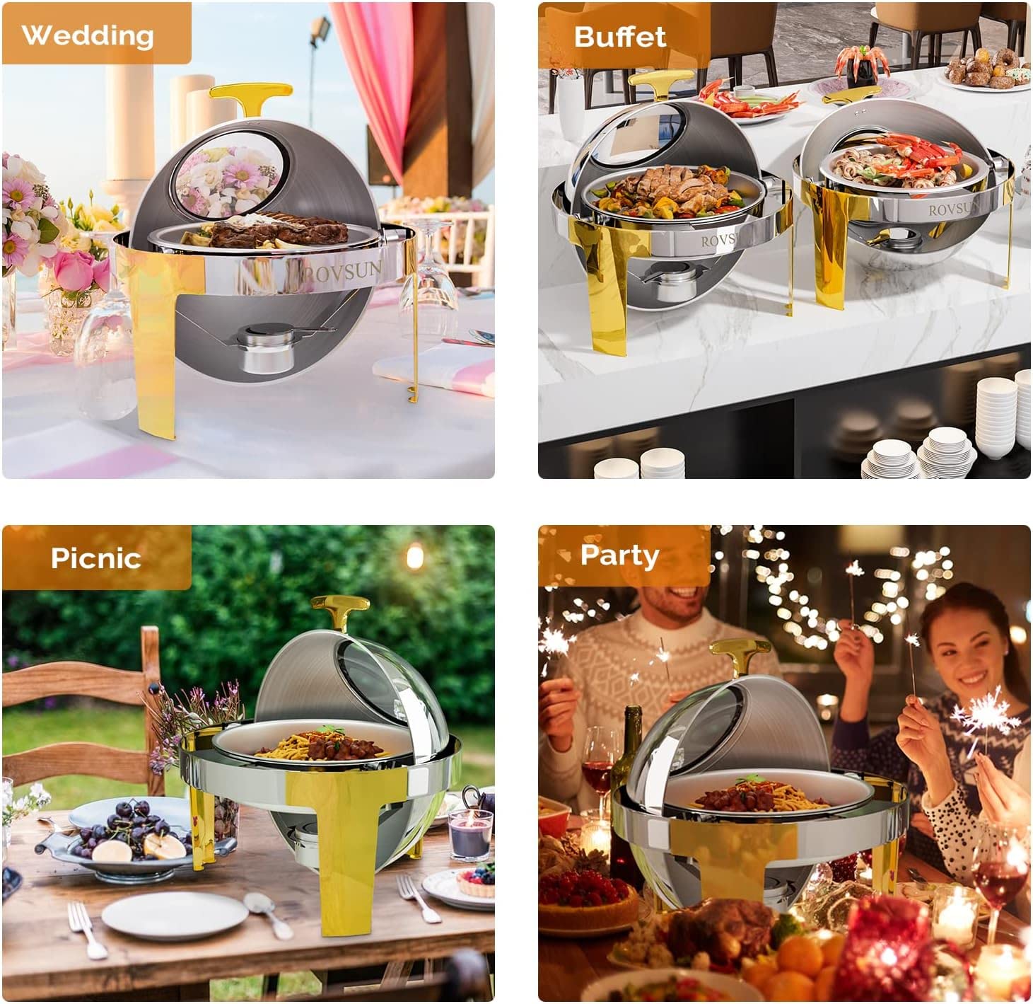 ROVSUN 6 Quart 2 Packs Round Chafing Dish Buffet Set Gold Accent, Stainless Steel Roll Top Chafer for Catering, Food Warmer with Glass Window for Party Wedding Catering Banquet Graduation Event