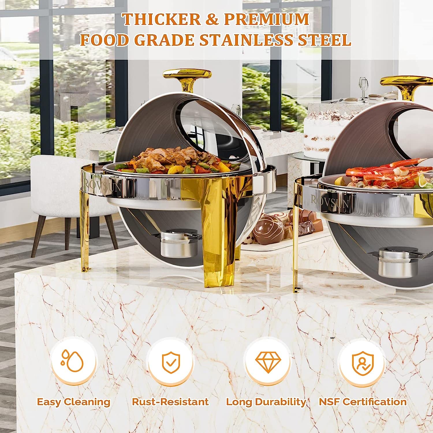 ROVSUN 6 Quart 2 Packs Round Chafing Dish Buffet Set Gold Accent, Stainless Steel Roll Top Chafer for Catering, Food Warmer with Glass Window for Party Wedding Catering Banquet Graduation Event