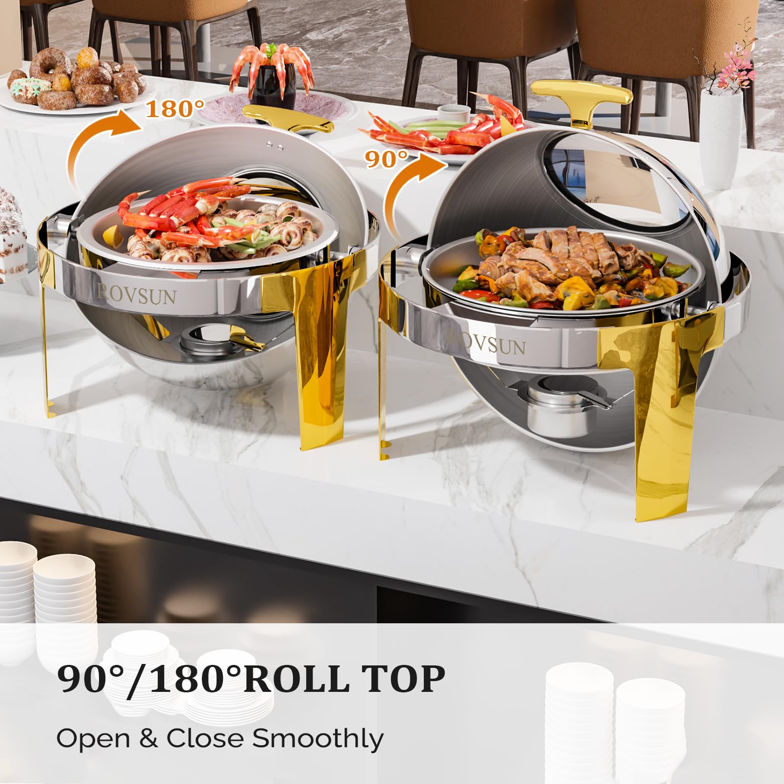 ROVSUN 6 Quart 2 Packs Round Chafing Dish Buffet Set Gold Accent, Stainless Steel Roll Top Chafer for Catering, Food Warmer with Glass Window for Party Wedding Catering Banquet Graduation Event