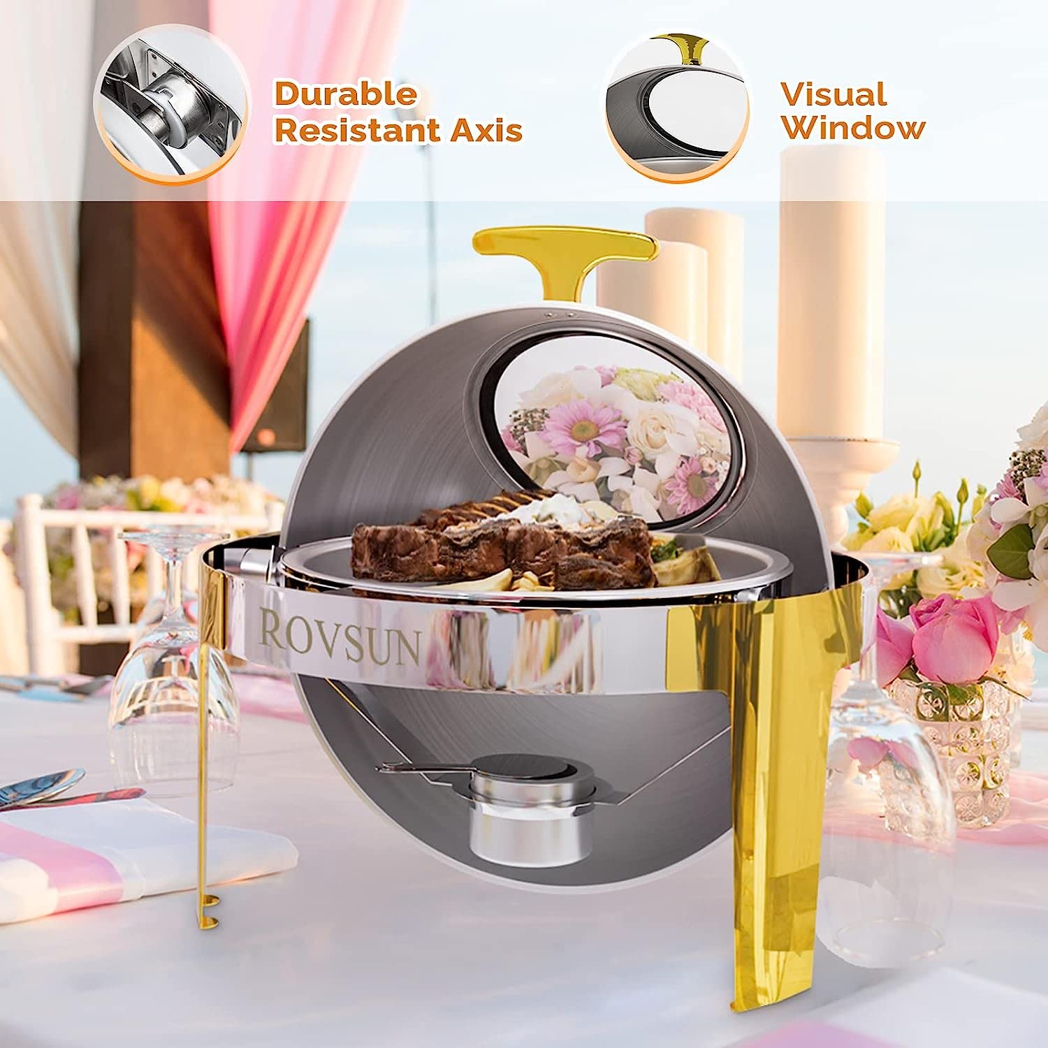 ROVSUN 6 Quart 2 Packs Round Chafing Dish Buffet Set Gold Accent, Stainless Steel Roll Top Chafer for Catering, Food Warmer with Glass Window for Party Wedding Catering Banquet Graduation Event