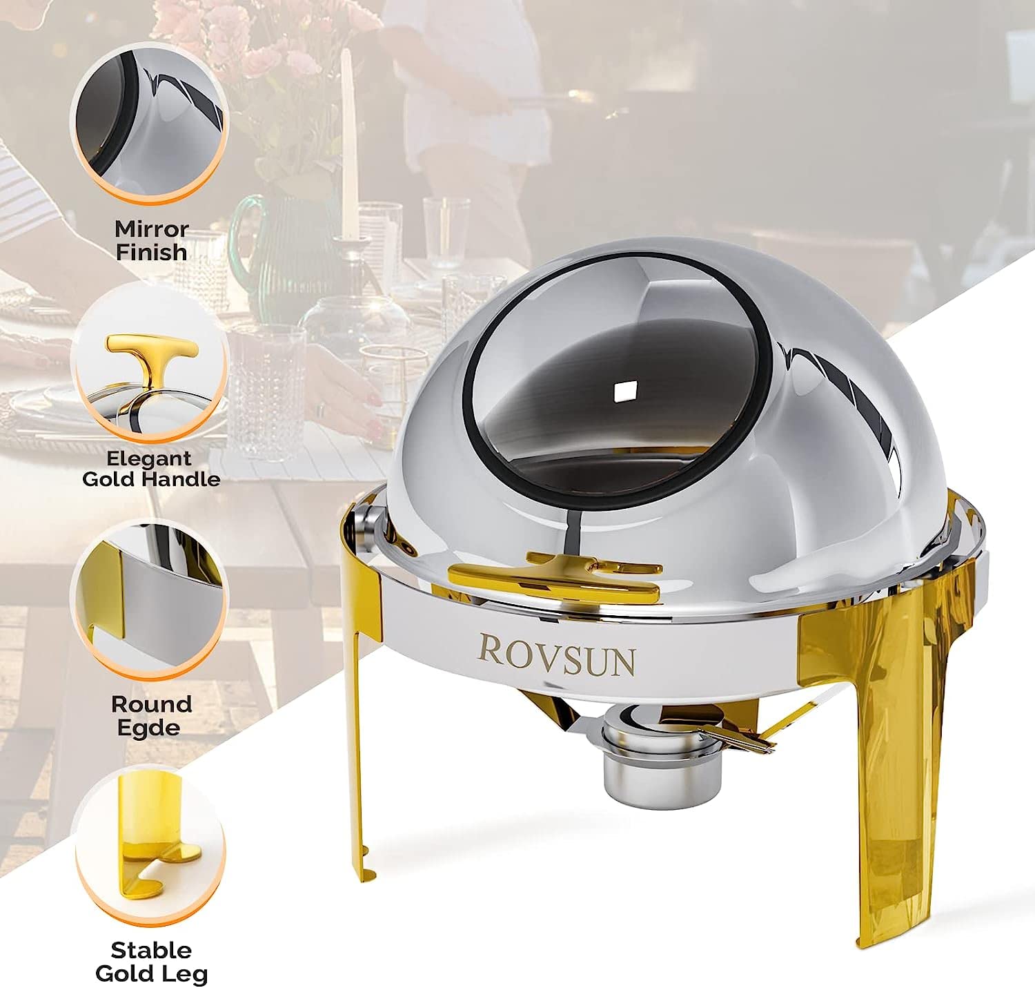 ROVSUN 6 Quart 2 Packs Round Chafing Dish Buffet Set Gold Accent, Stainless Steel Roll Top Chafer for Catering, Food Warmer with Glass Window for Party Wedding Catering Banquet Graduation Event