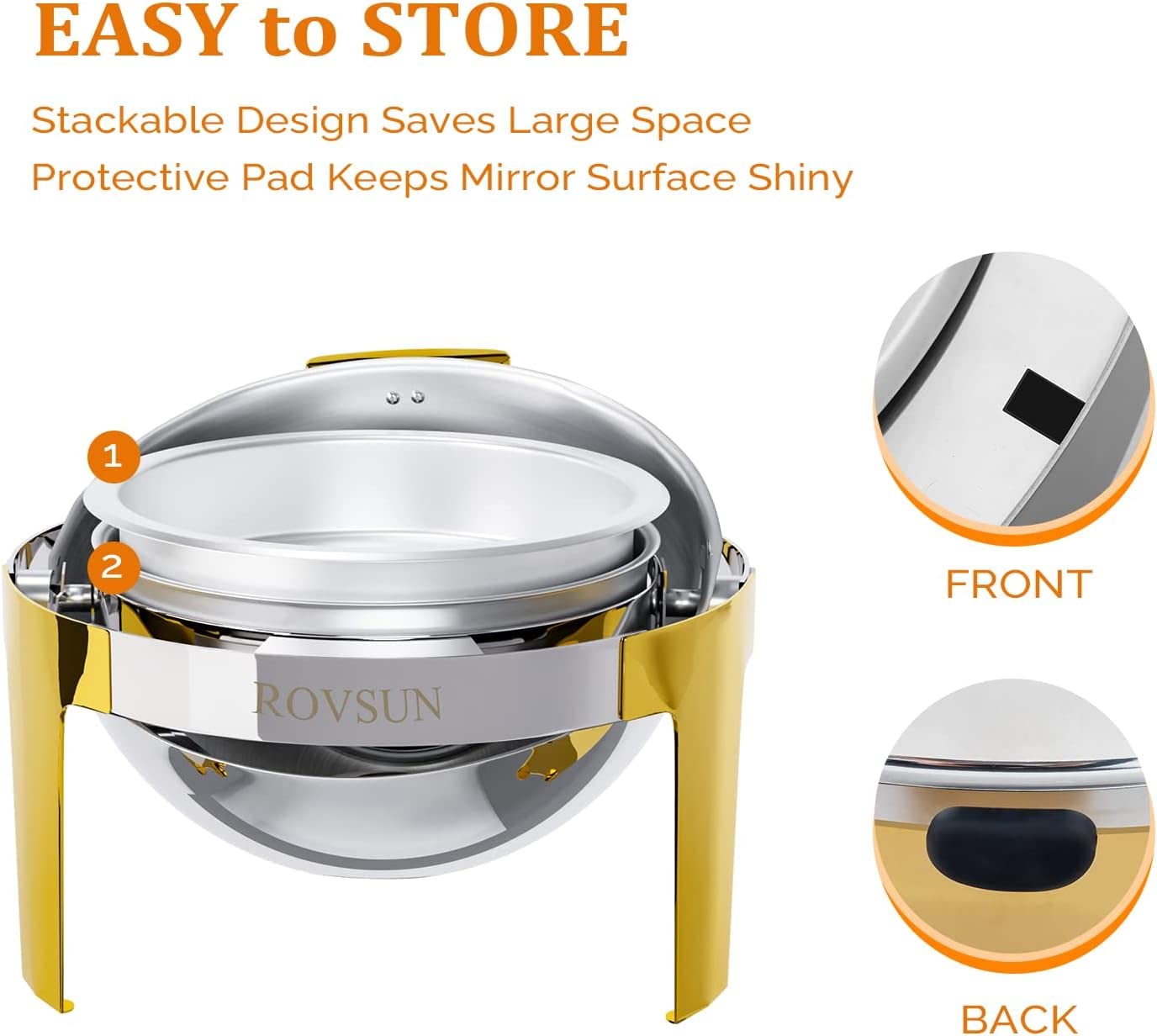 ROVSUN 6 Quart 2 Packs Round Chafing Dish Buffet Set Gold Accent, Stainless Steel Roll Top Chafer for Catering, Food Warmer with Glass Window for Party Wedding Catering Banquet Graduation Event