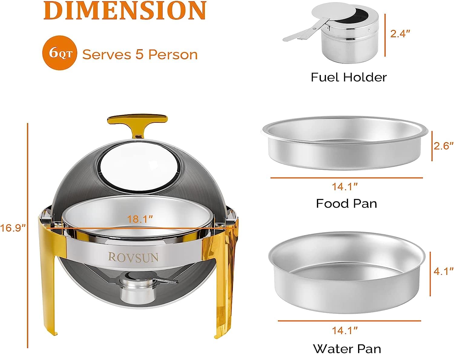ROVSUN 6 Quart 2 Packs Round Chafing Dish Buffet Set Gold Accent, Stainless Steel Roll Top Chafer for Catering, Food Warmer with Glass Window for Party Wedding Catering Banquet Graduation Event