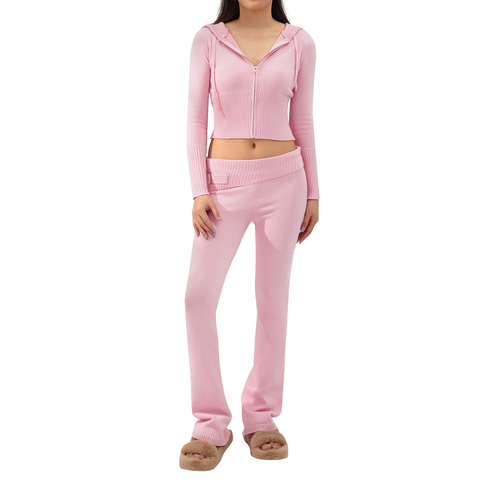 Women Knit Two Piece Set Y2k Long Sleeve Zip Up Crop Hoodie and Low Rise Flare Leggings Jogger Pants Set Loungewear (Pink, M)