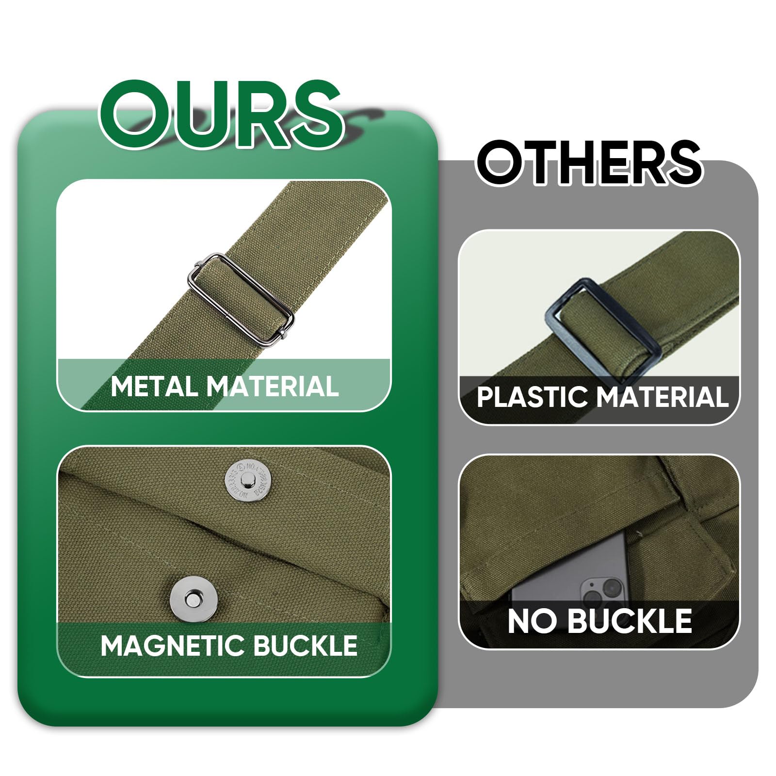 Canvas Messenger Bag, Multi-pockets Casual Canvas Tote for College Large Crossbody Shoulder Bag for Women and Men, Army Green