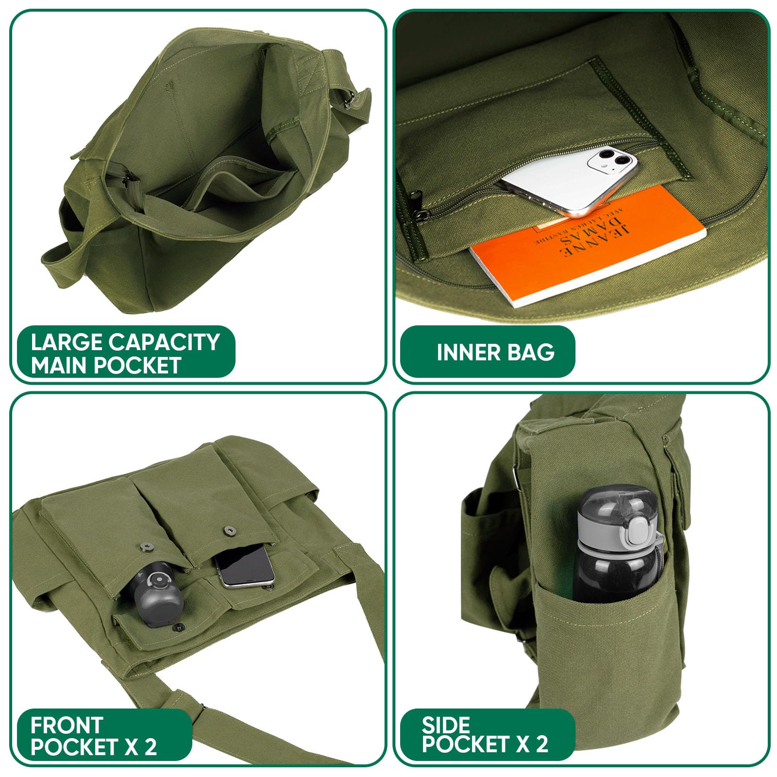 Canvas Messenger Bag, Multi-pockets Casual Canvas Tote for College Large Crossbody Shoulder Bag for Women and Men, Army Green