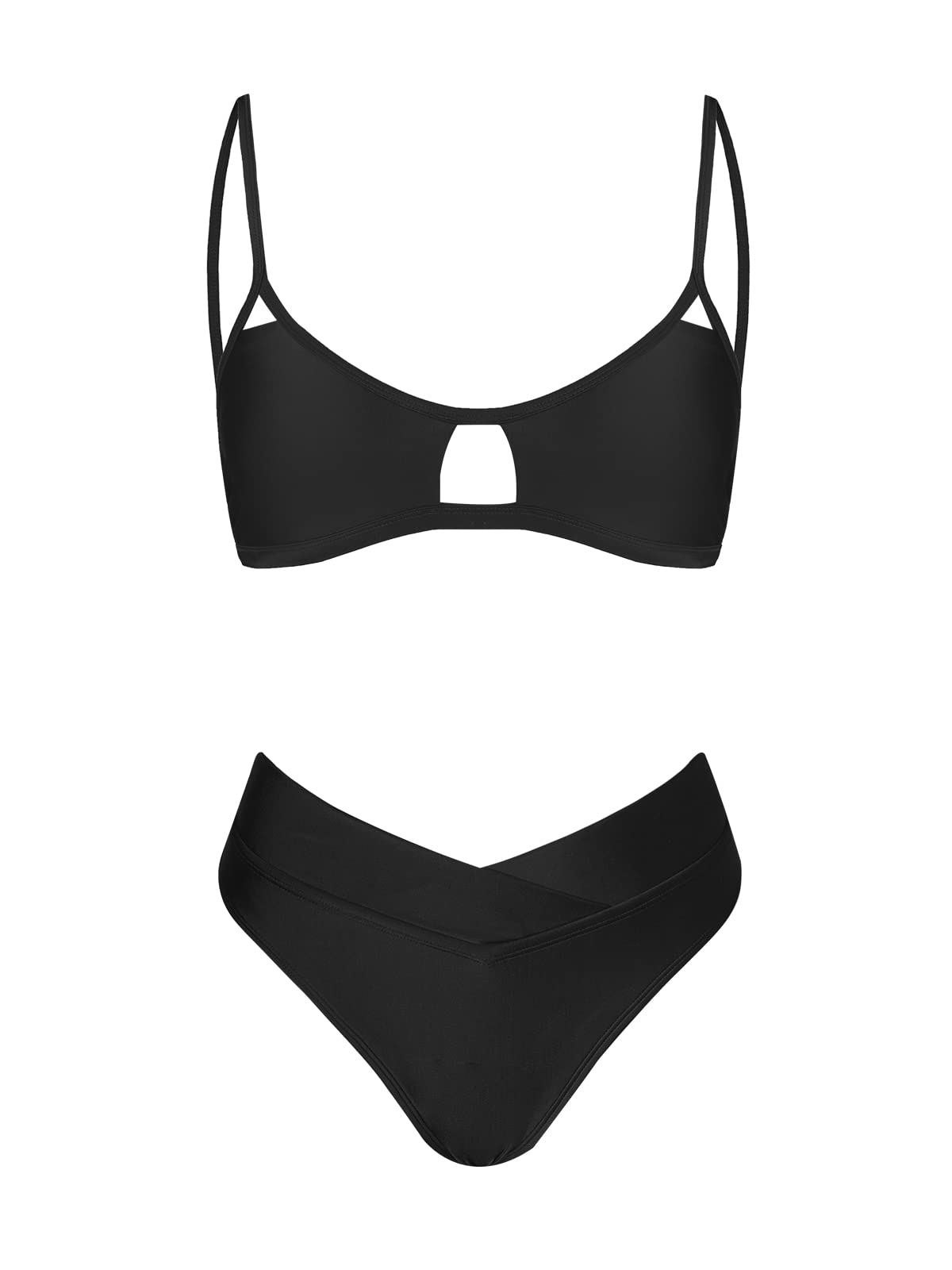 CUPSHE Bikini Set for Women Two Piece Swimsuits High Waisted Cut Out Scoop Neck V Front Bottom, L Black