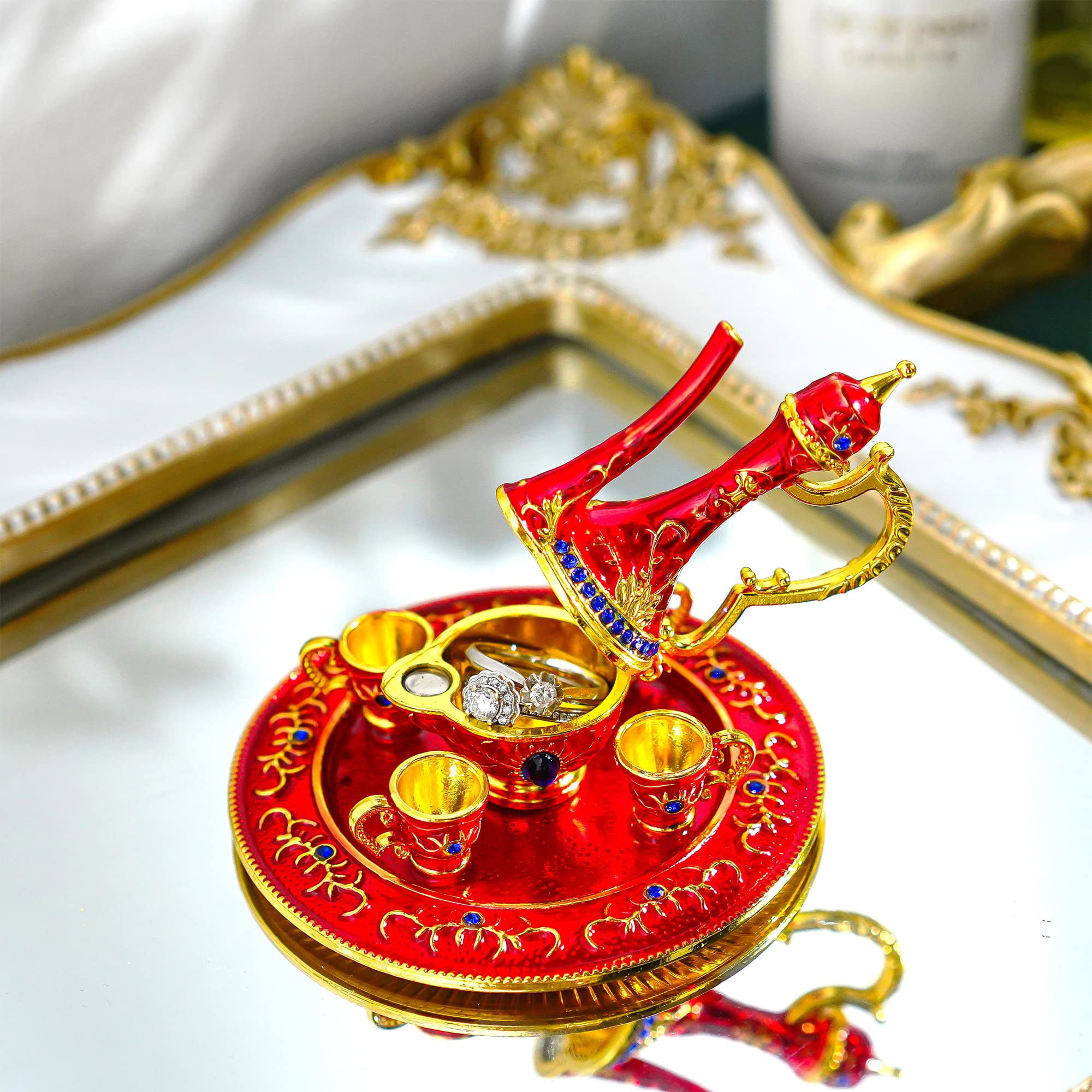 YU FENG Moroccan Teapot Set Jewelry Trinket Box Hinged Hand Painted Enamel Treasured Trinkets Collectable Jewellery Box Ring Holder For Home Decor Gift,3inch