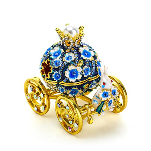YU FENG 3'' Hand Painted Enamel Pumpkin Carriage Trinket Box With Bunny Flowers Hinged Jewelry Organizer with Crystals Ring Earrings Storage Home Decor Figurine Keepsake Collectible