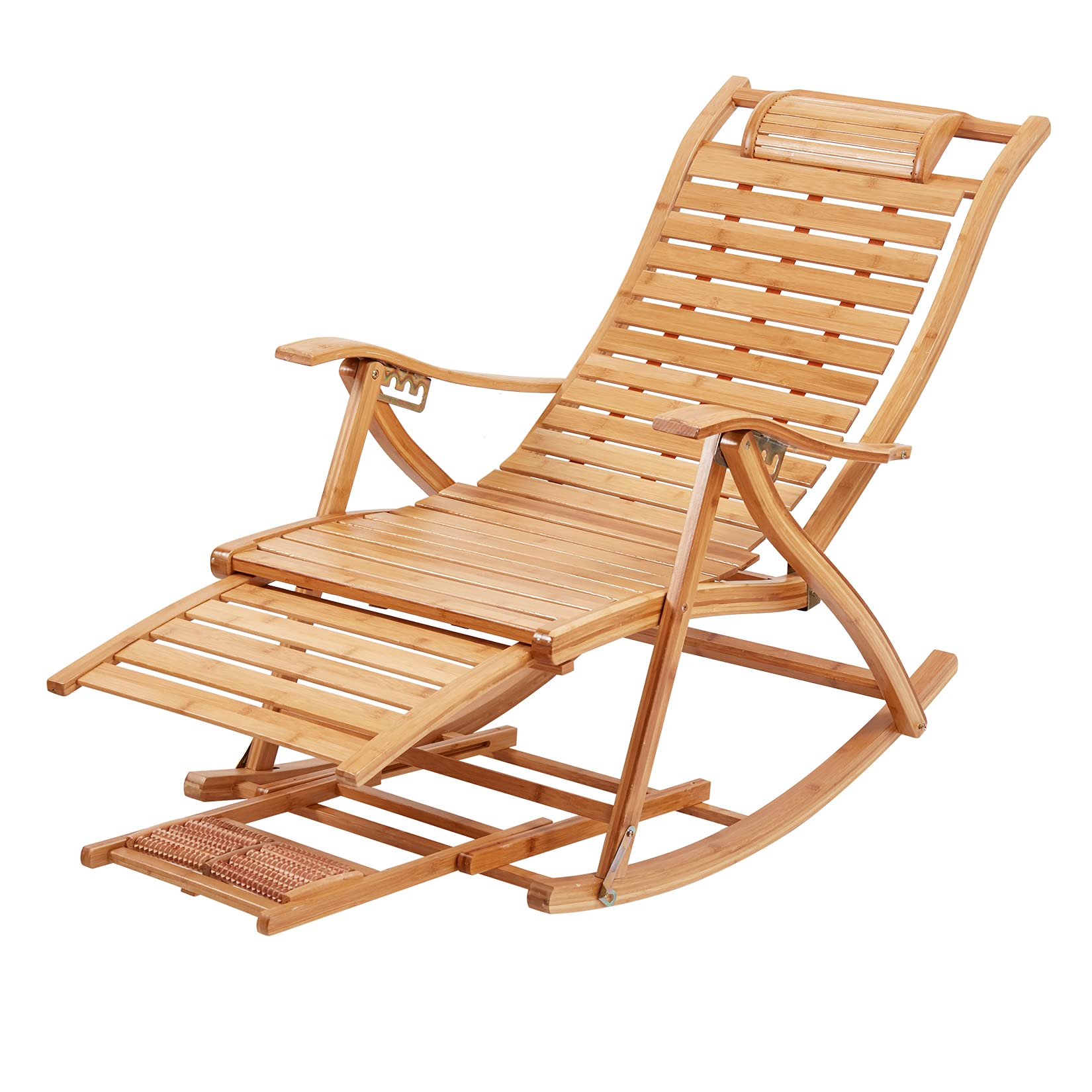 Wisfor Bamboo Lounge Chair Large Adjustable Rocking Chair Reclining Patio Chair with Headrest Pillow and Foot Massage Board for Max Loading Weight 441lbs